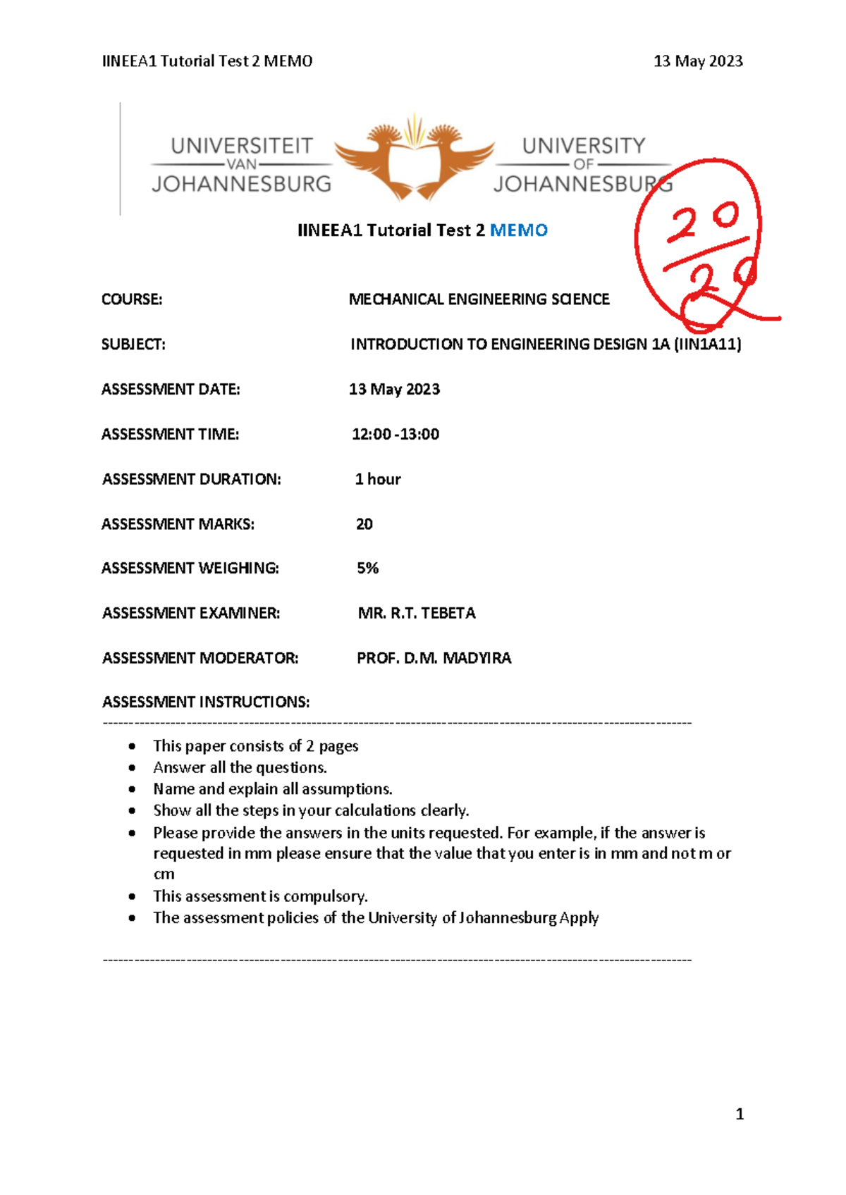 Iineea 1 Tutorial Test 2 Memo Iineea 1 Tutorial Test 2 Memo Course