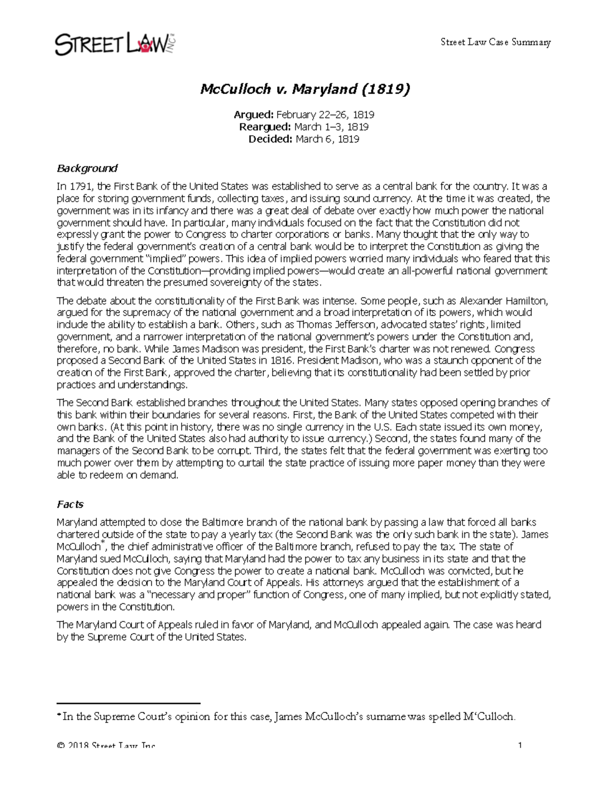 McCullouch V Maryland - Street Law Case Summary © 2018 Street Law, Inc ...