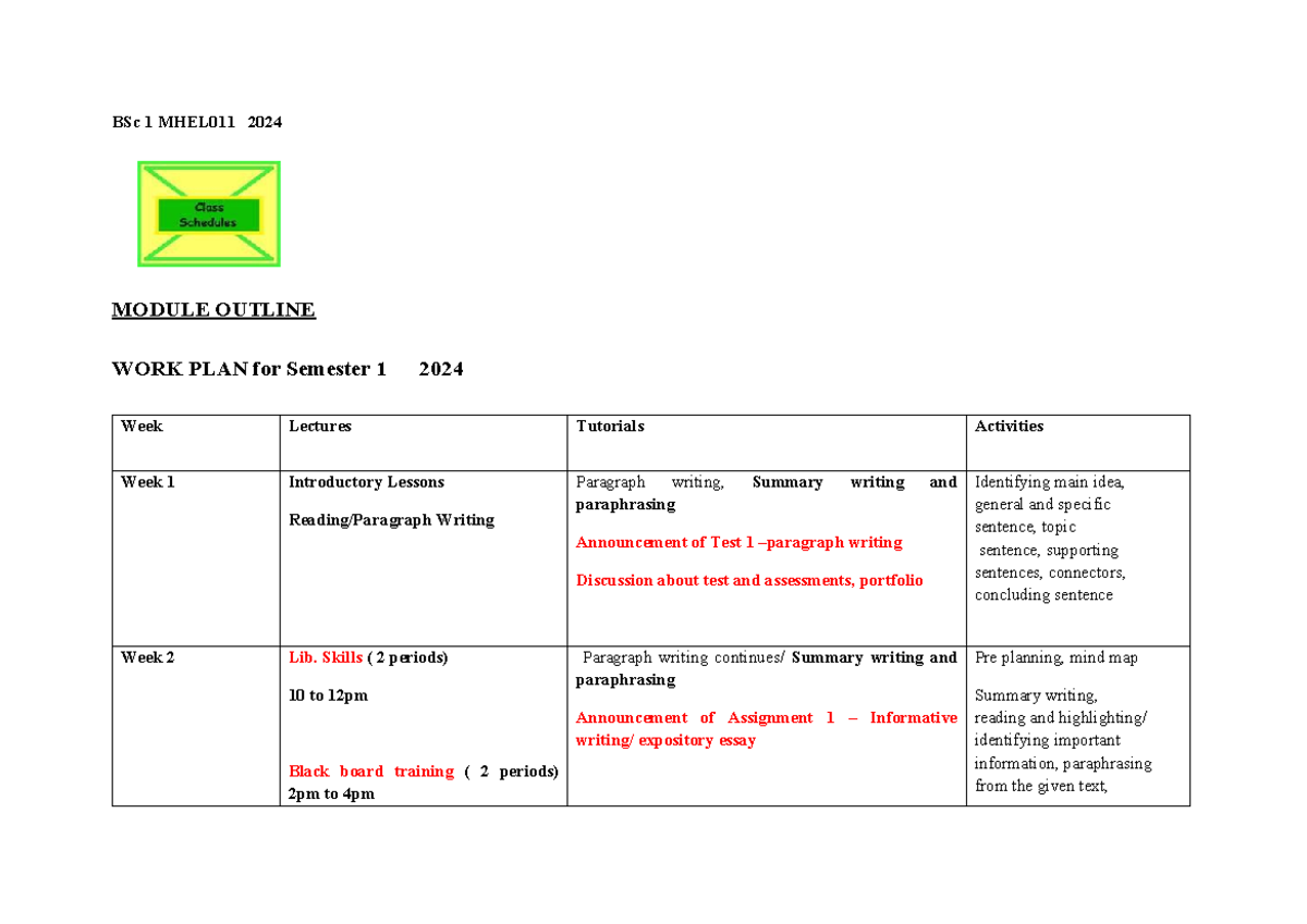 BSc 1 MHEL011 2024 work plan - BSc 1 MHEL011 2024 MODULE OUTLINE WORK ...