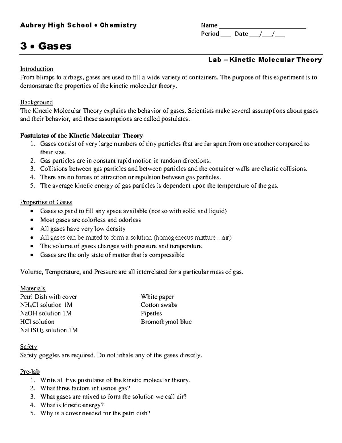 Kinetic Molecular Theory - Aubrey High School Chemistry Name ...
