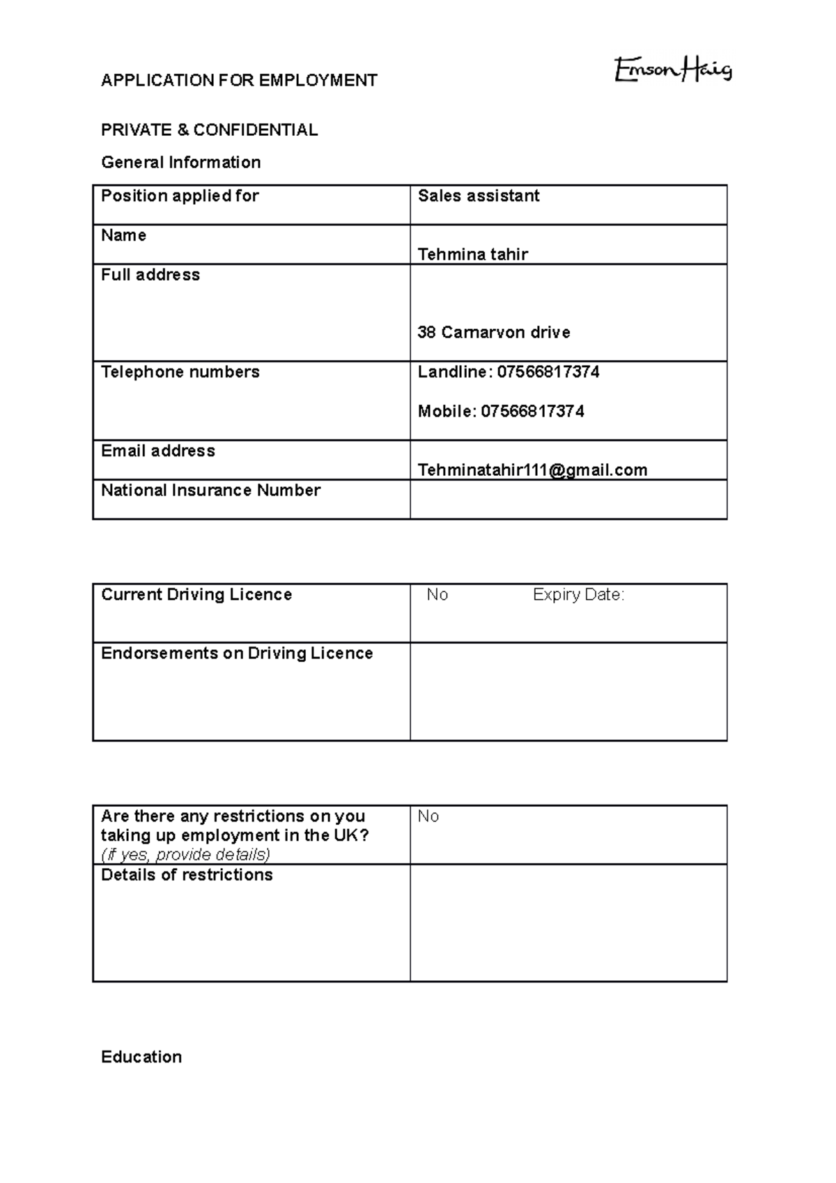 Application for employment (13) - PRIVATE & CONFIDENTIAL General ...