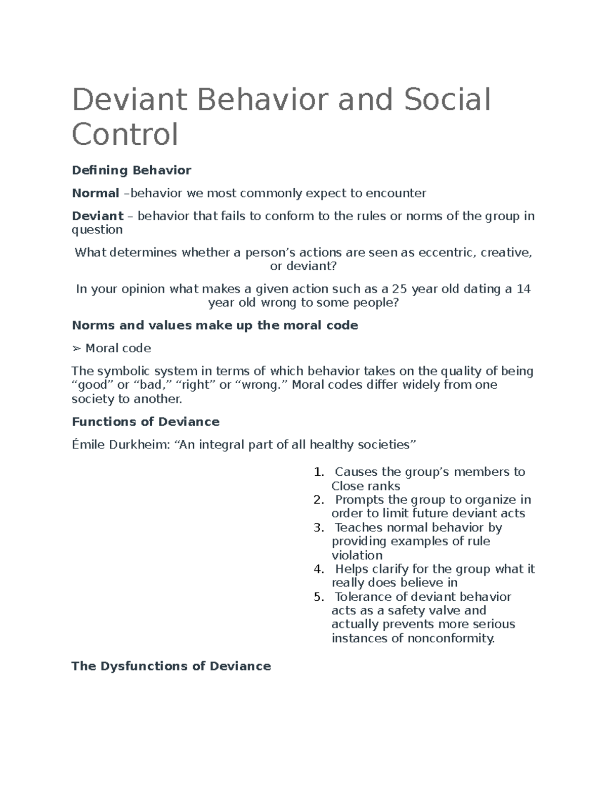 Sociology ex 3 notes - Deviant Behavior and Social Control Defining ...
