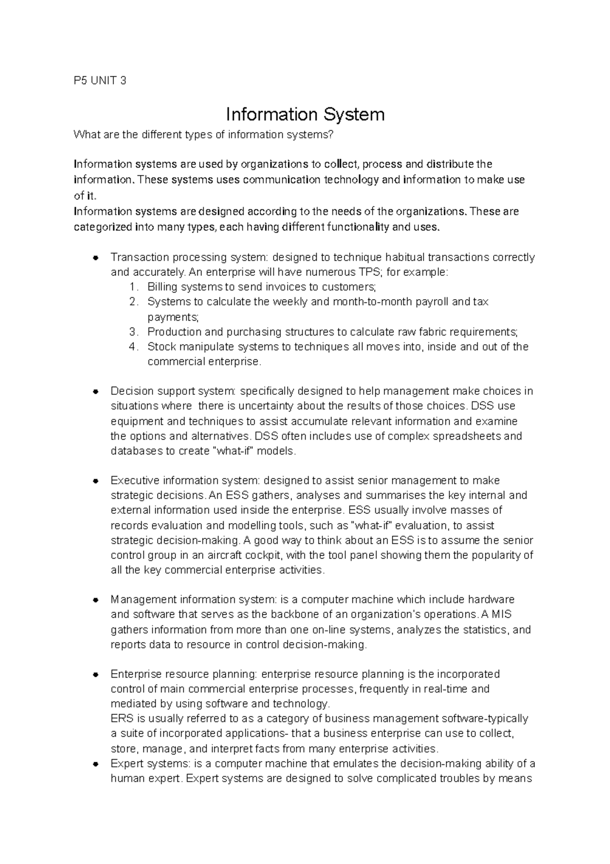 Unit 3 P5 - Information System - P5 UNIT 3 Information System What are ...