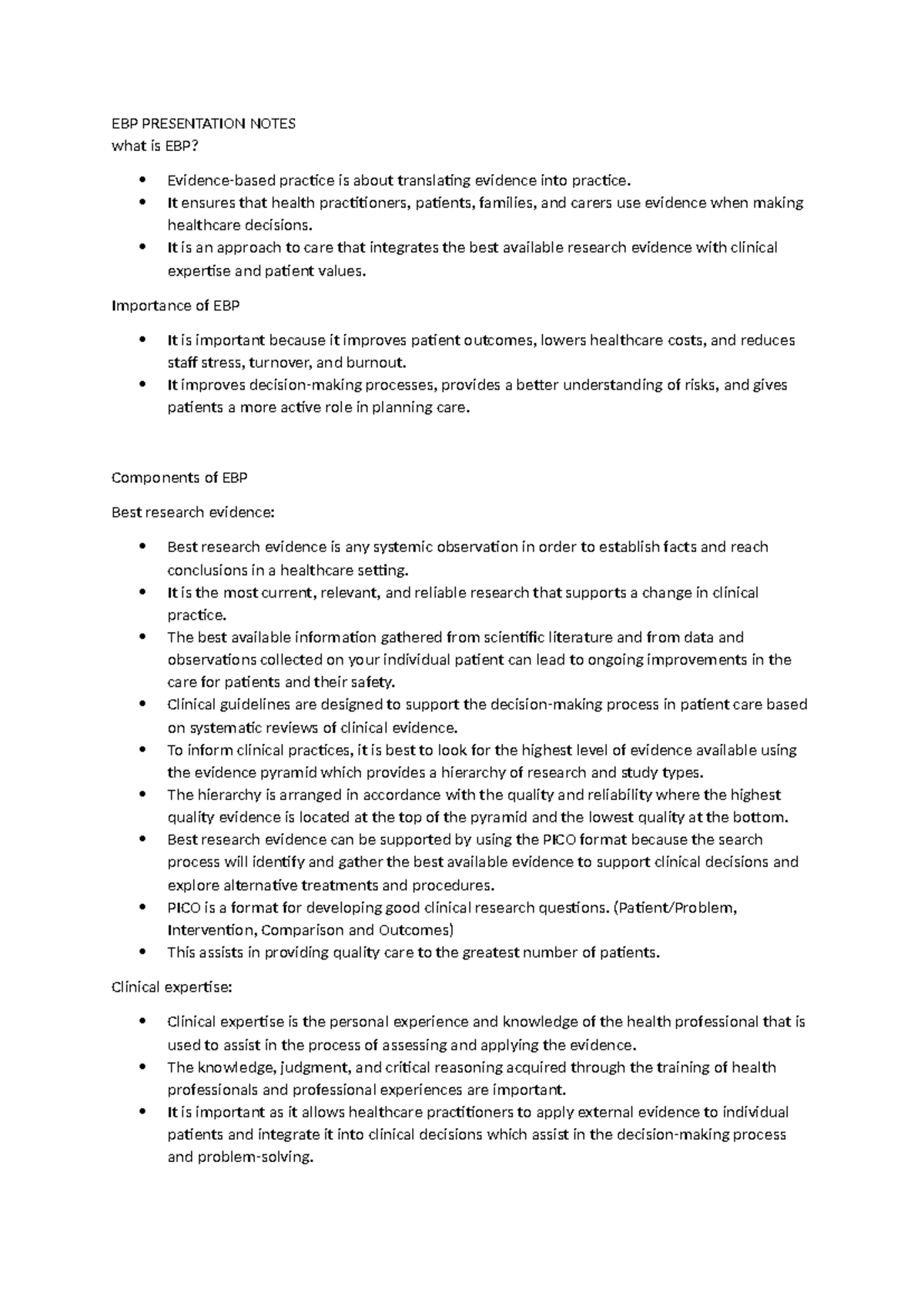 EBP Presentation Notes - EBP PRESENTATION NOTES what is EBP? Evidence ...