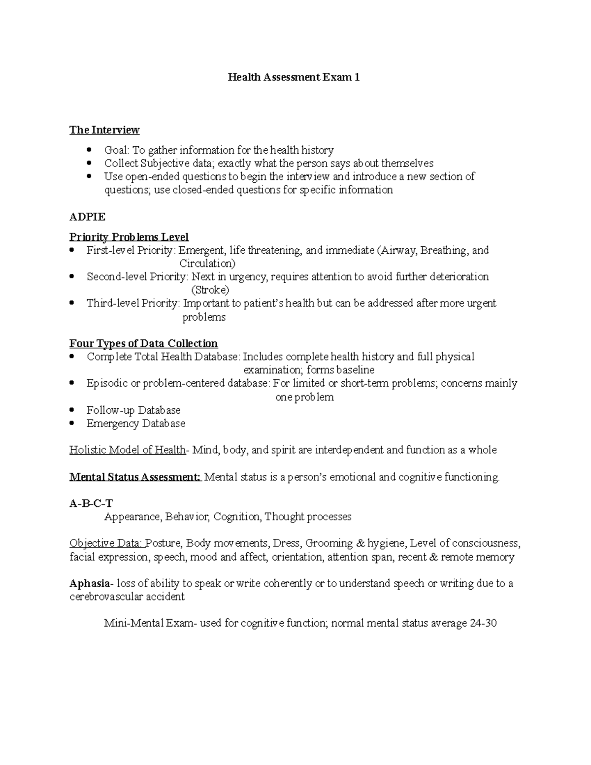 Health Assessment Exam 1 - A-B-C-T Appearance, Behavior, Cognition ...