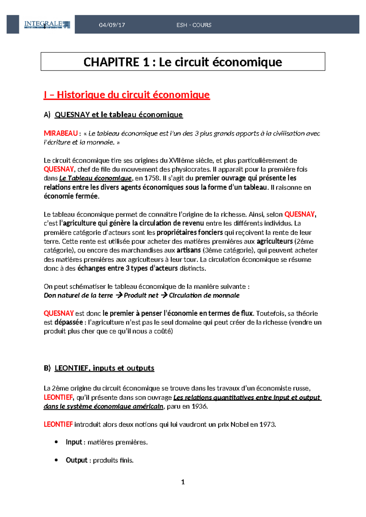 Chapitre 1 - Le circuit économique - CHAPITRE 1 : Le circuit économique I – Historique du ...