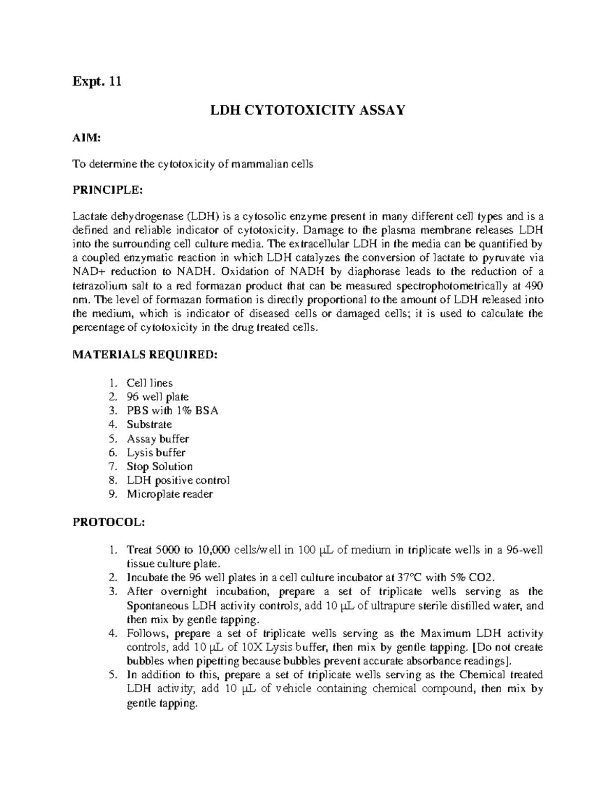 Experiment 11 of Lab - Expt. 11 LDH CYTOTOXICITY ASSAY AIM: To ...