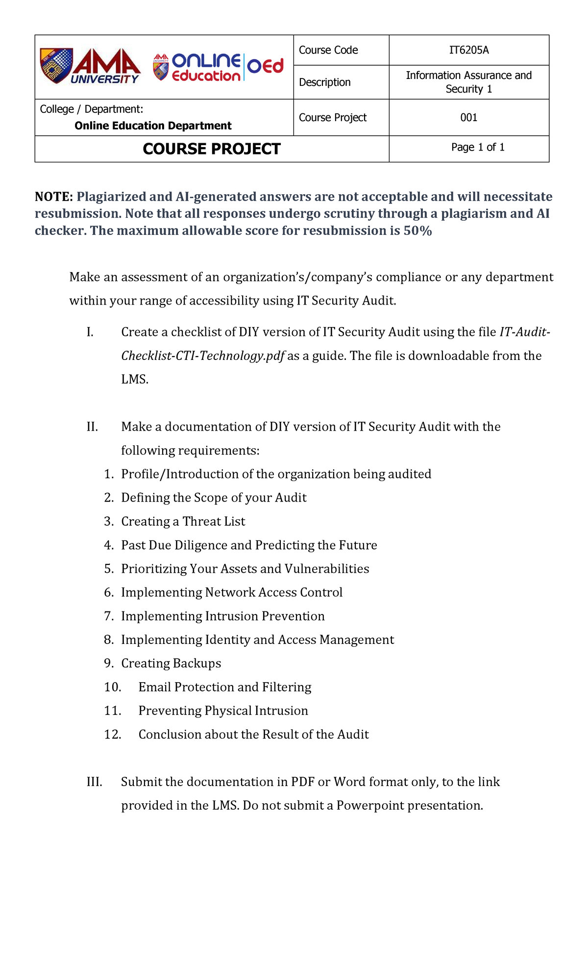 IT6205A Info Sec 1 Course Project 12072023 - Course Code IT6205A ...