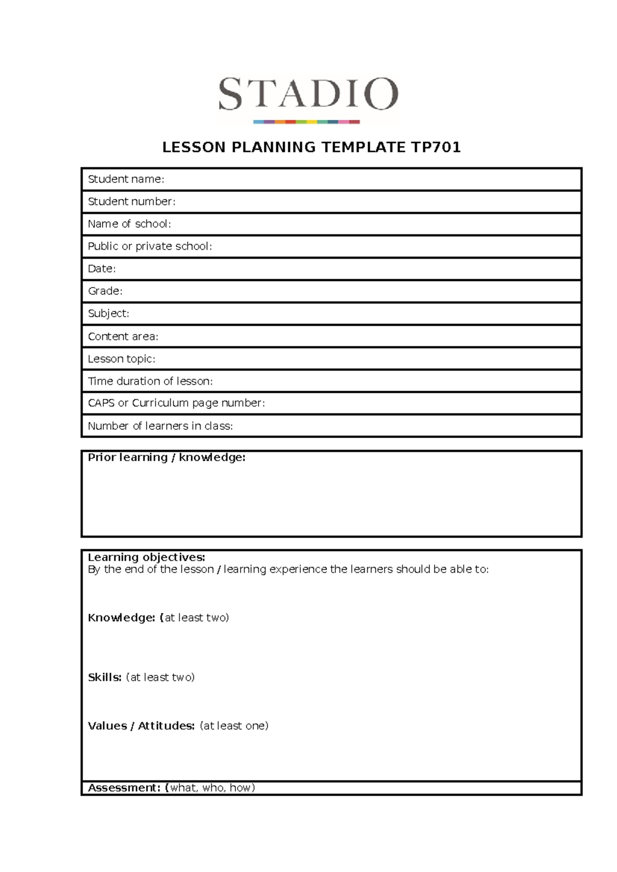 Generic Stadio Lesson Plan Template TP701 - LESSON PLANNING TEMPLATE TP ...