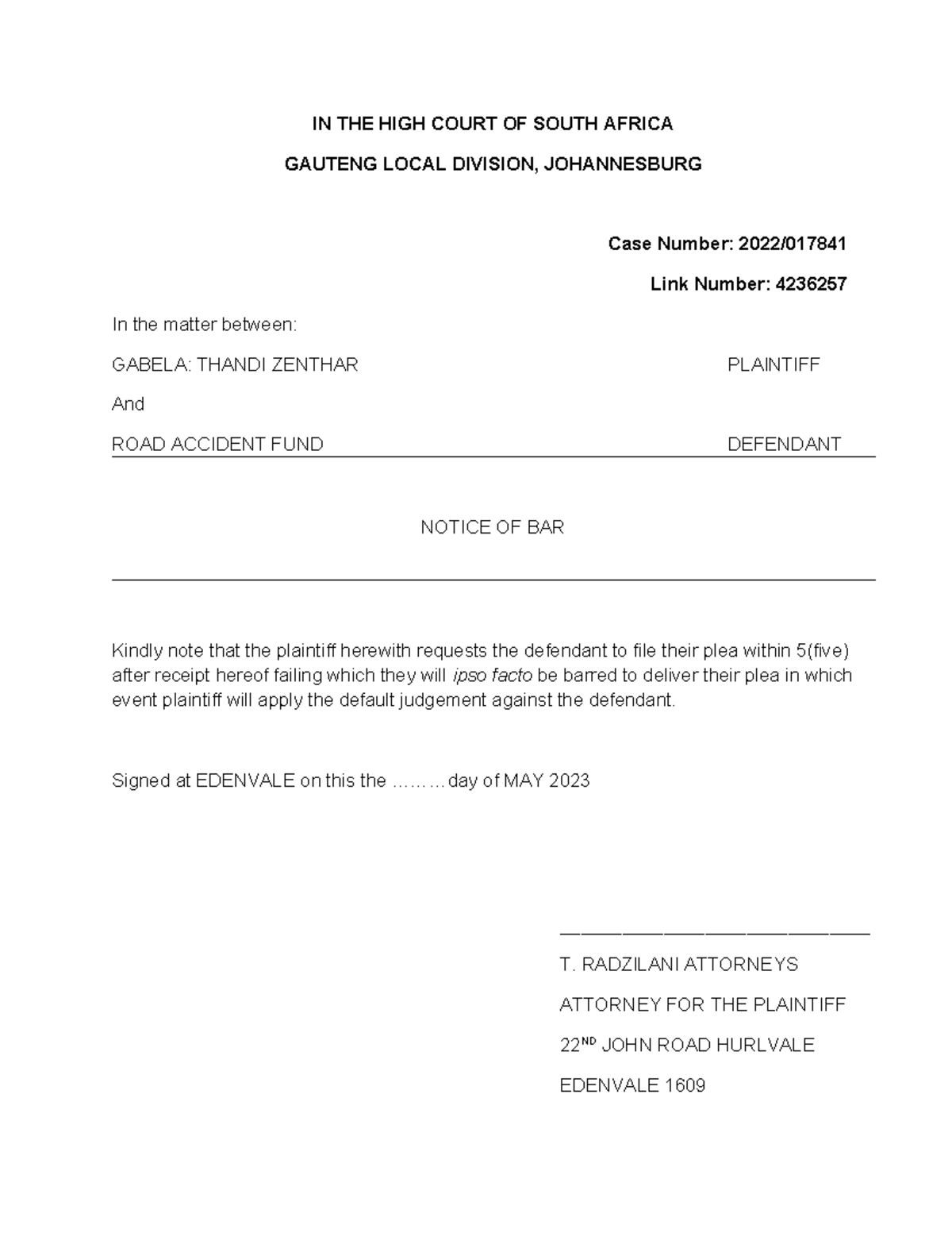 Notice OF BAR 21 February 2023 - IN THE HIGH COURT OF SOUTH AFRICA ...