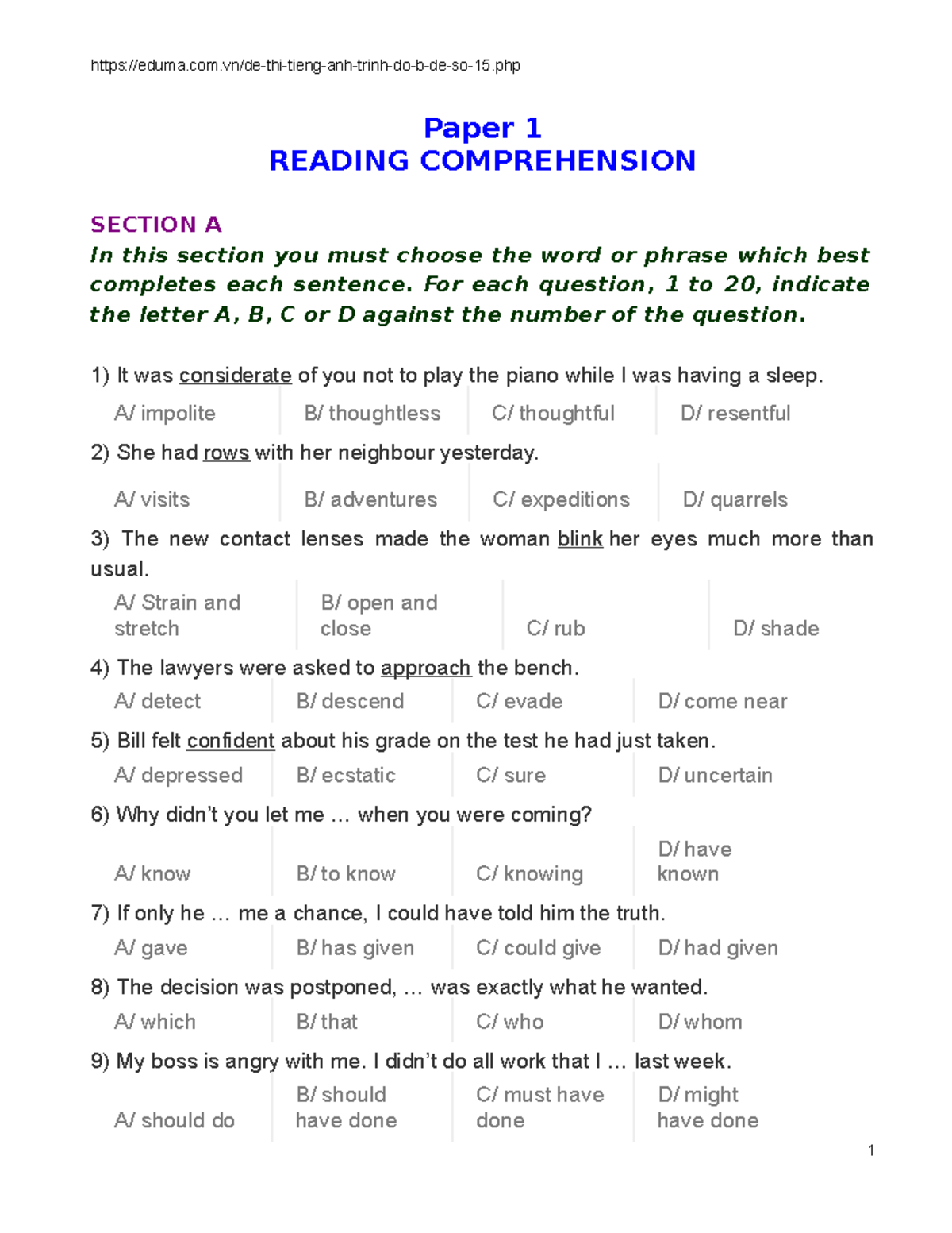 Paper 1 - Paper 1 READING COMPREHENSION SECTION A In this section you ...