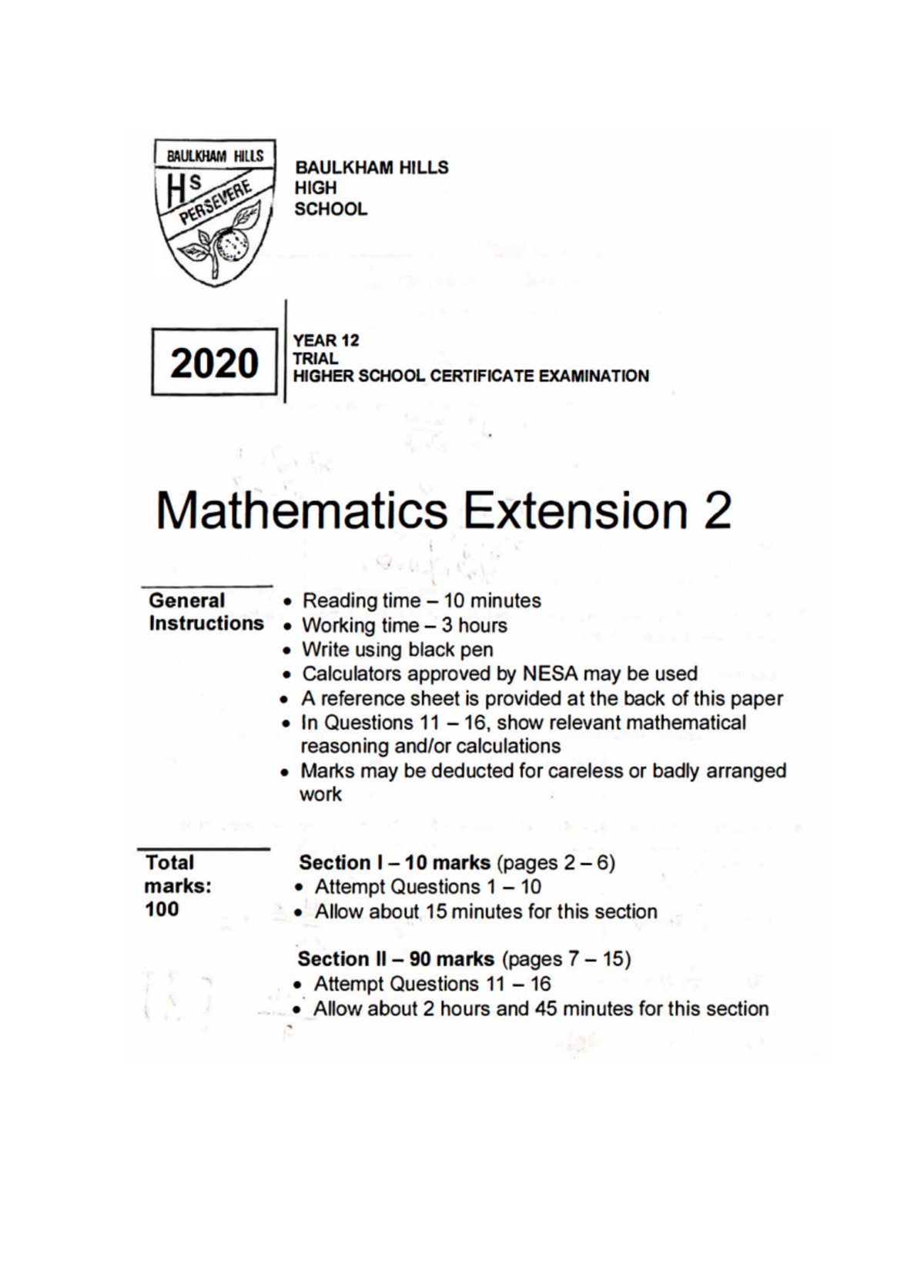 4U Baulko 2020 - Extension 2 Mathematics Paper - 攀똀tion I 10 marks At琀攀 ...