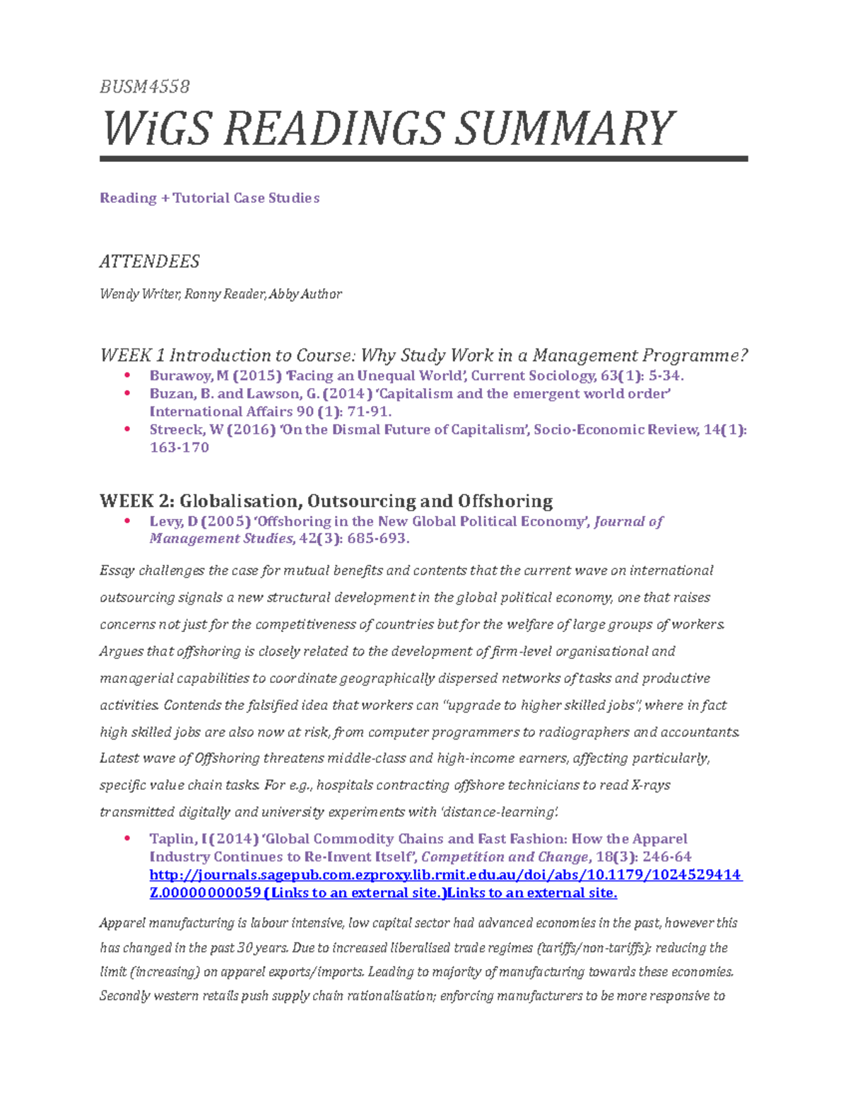 Readings & other summary - BUSM WiGS READINGS SUMMARY Reading ...