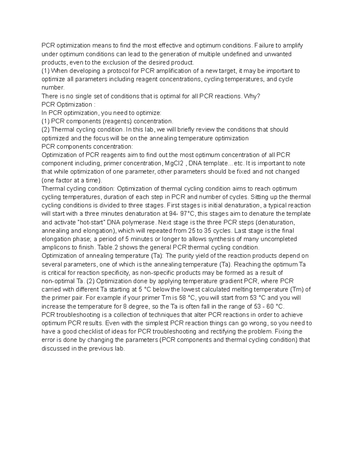 Pcr - notes - PCR optimization means to find the most effective and ...