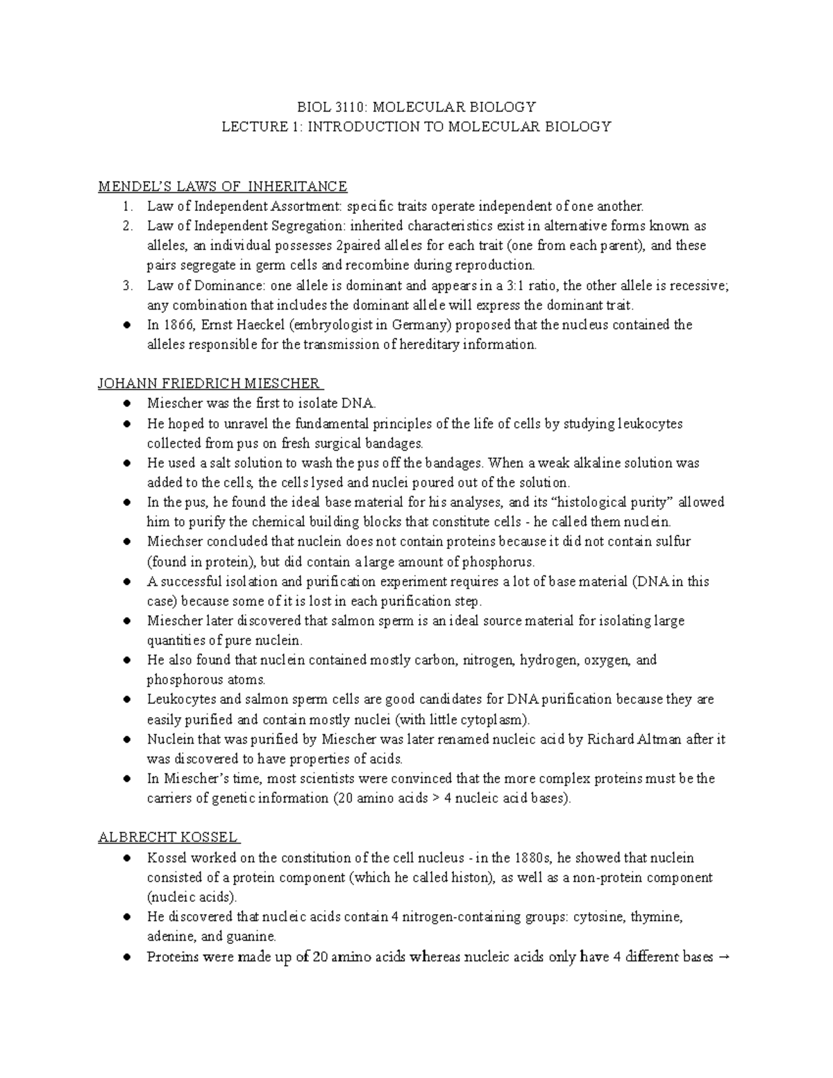 BIOL 3110 Lecture 1 - BIOL 3110: MOLECULAR BIOLOGY LECTURE 1 ...