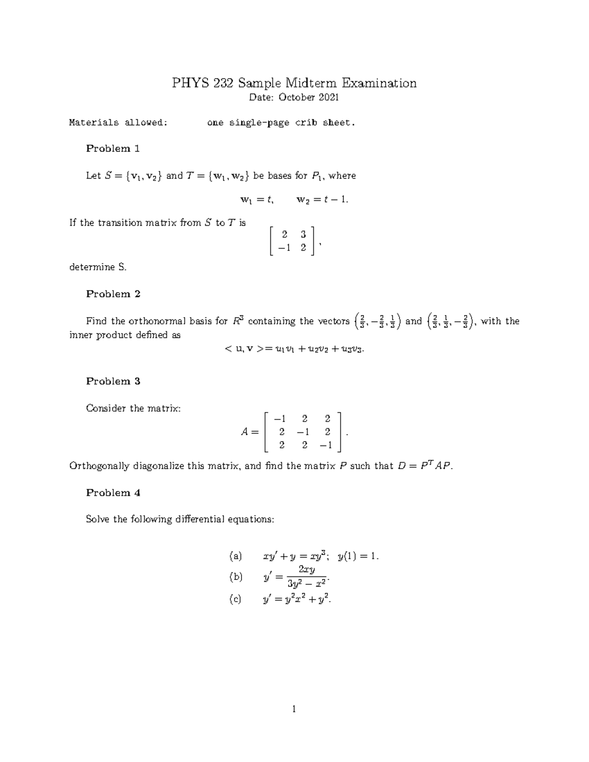 PHYS232 sample midterm - PHYS 232 Sample Midterm Examination Date ...