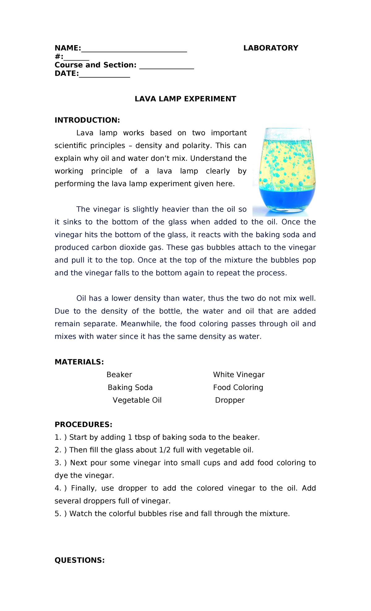 Lava Lamp Experiment - NAME:_____________________________ LABORATORY ...