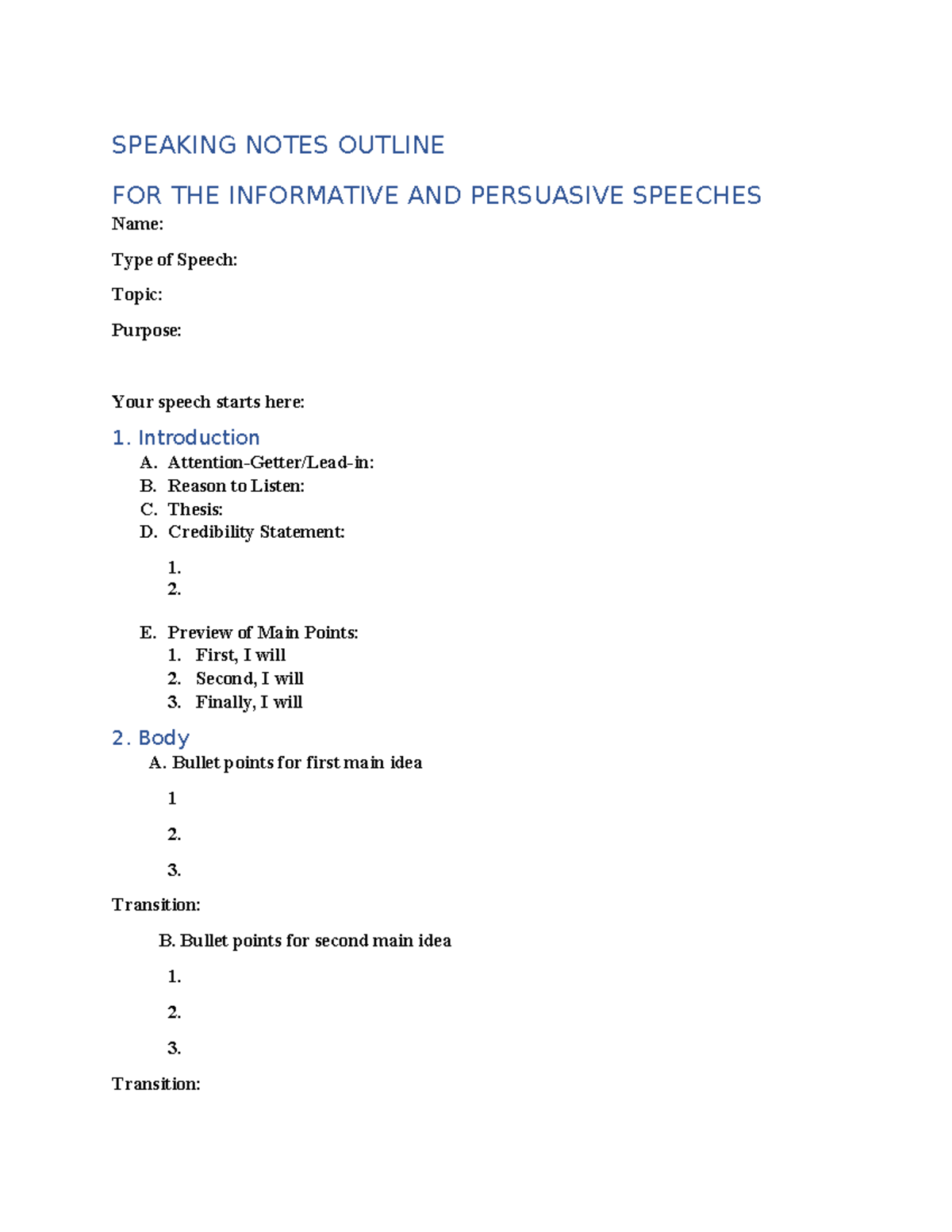 Speaking Notes Outline - SPEAKING NOTES OUTLINE FOR THE INFORMATIVE AND ...