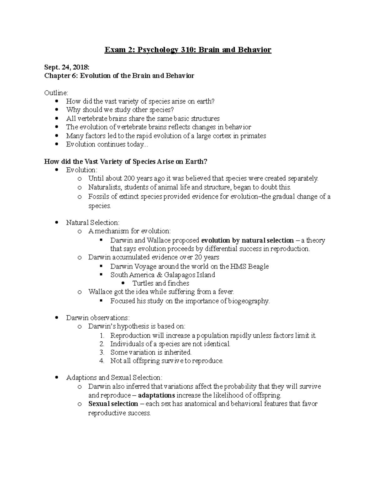 Exam 2 Psych 310 - Professor: Acerbo - Exam 2: Psychology 310: Brain and Behavior Sept. 24, 2018 ...