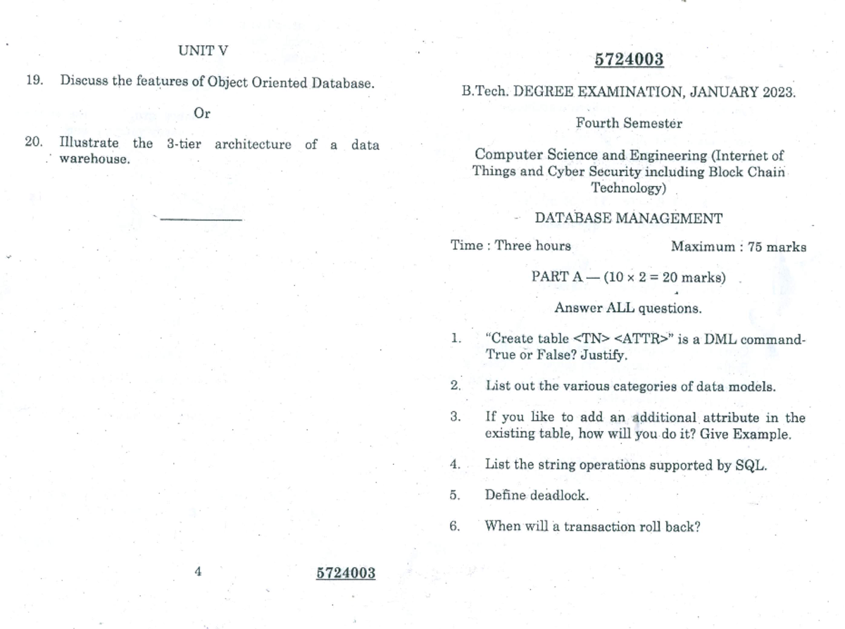 DBMS Question paper - Fundamentals of computer science - Studocu