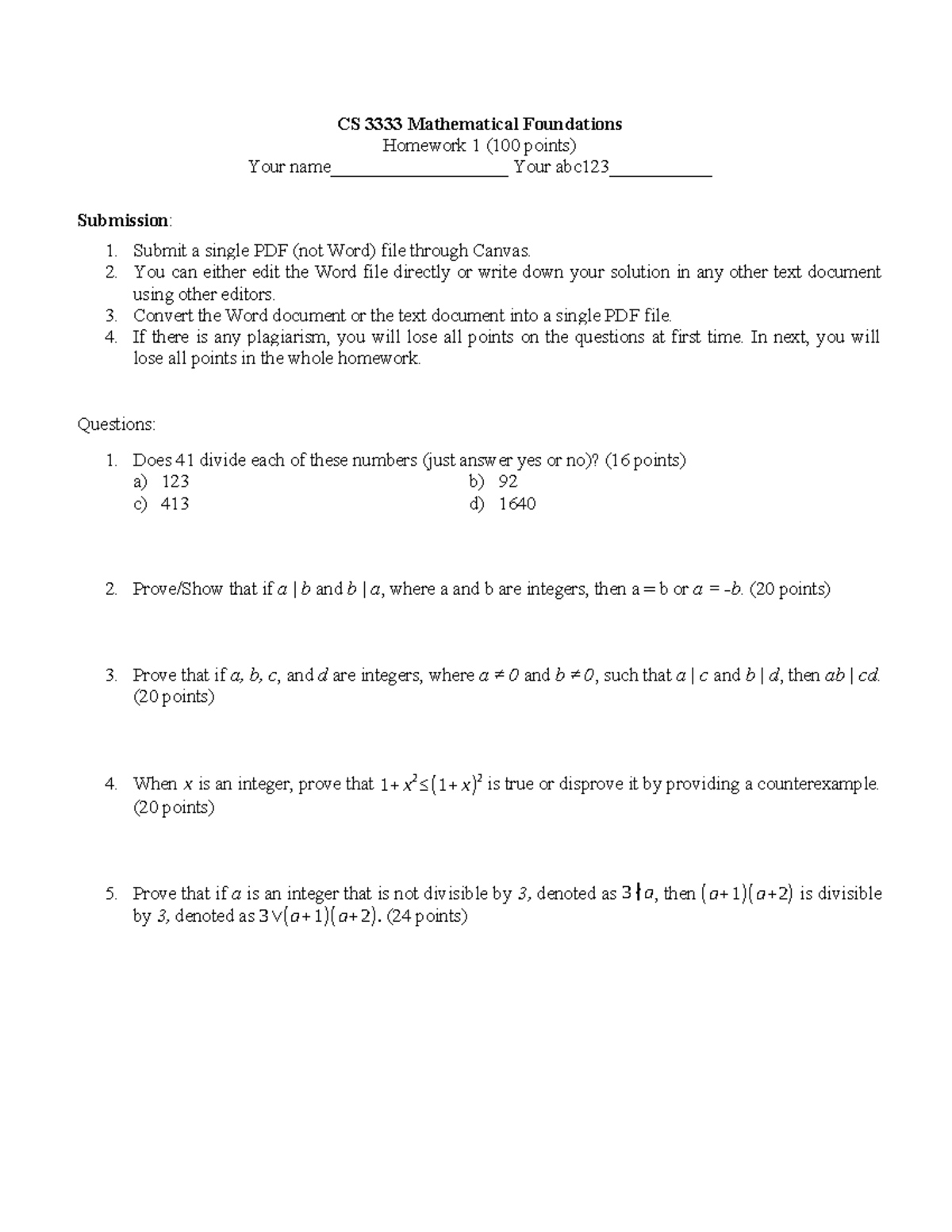 CS 3333 Math Found HW1 Number Theory - CS 3333 Mathematical Foundations ...