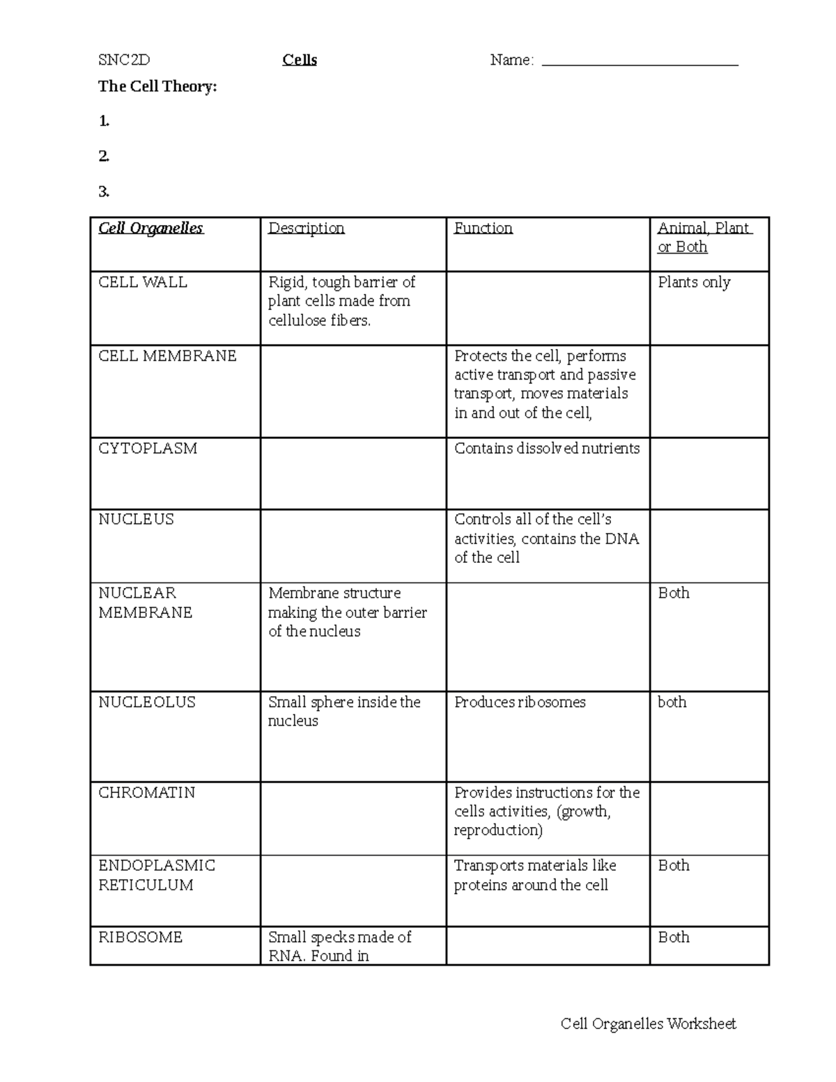 Cell Organelles Worksheet - SNC2D Cells Name: The Cell Theory: Cell ...