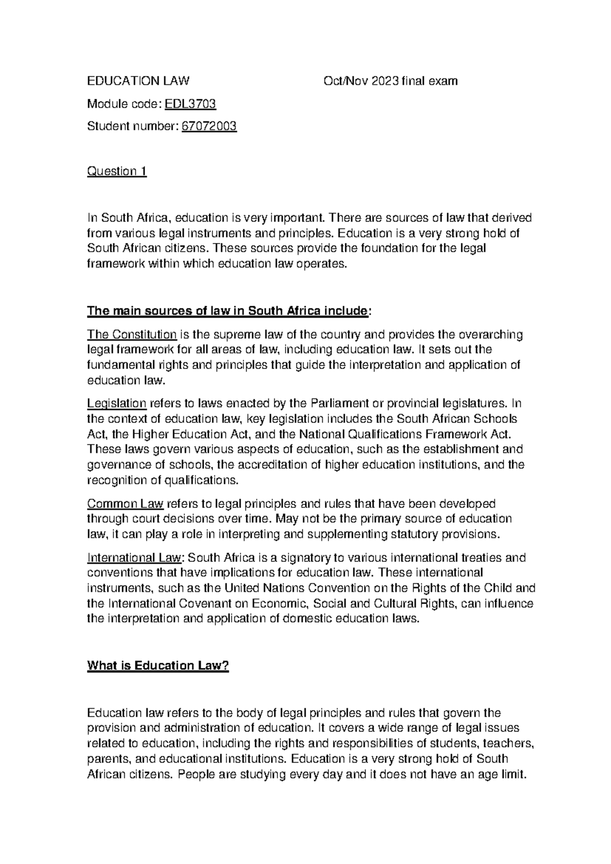EDL3703 Oct-Nov Final - EDUCATION LAW Oct/Nov 2023 final exam Module ...