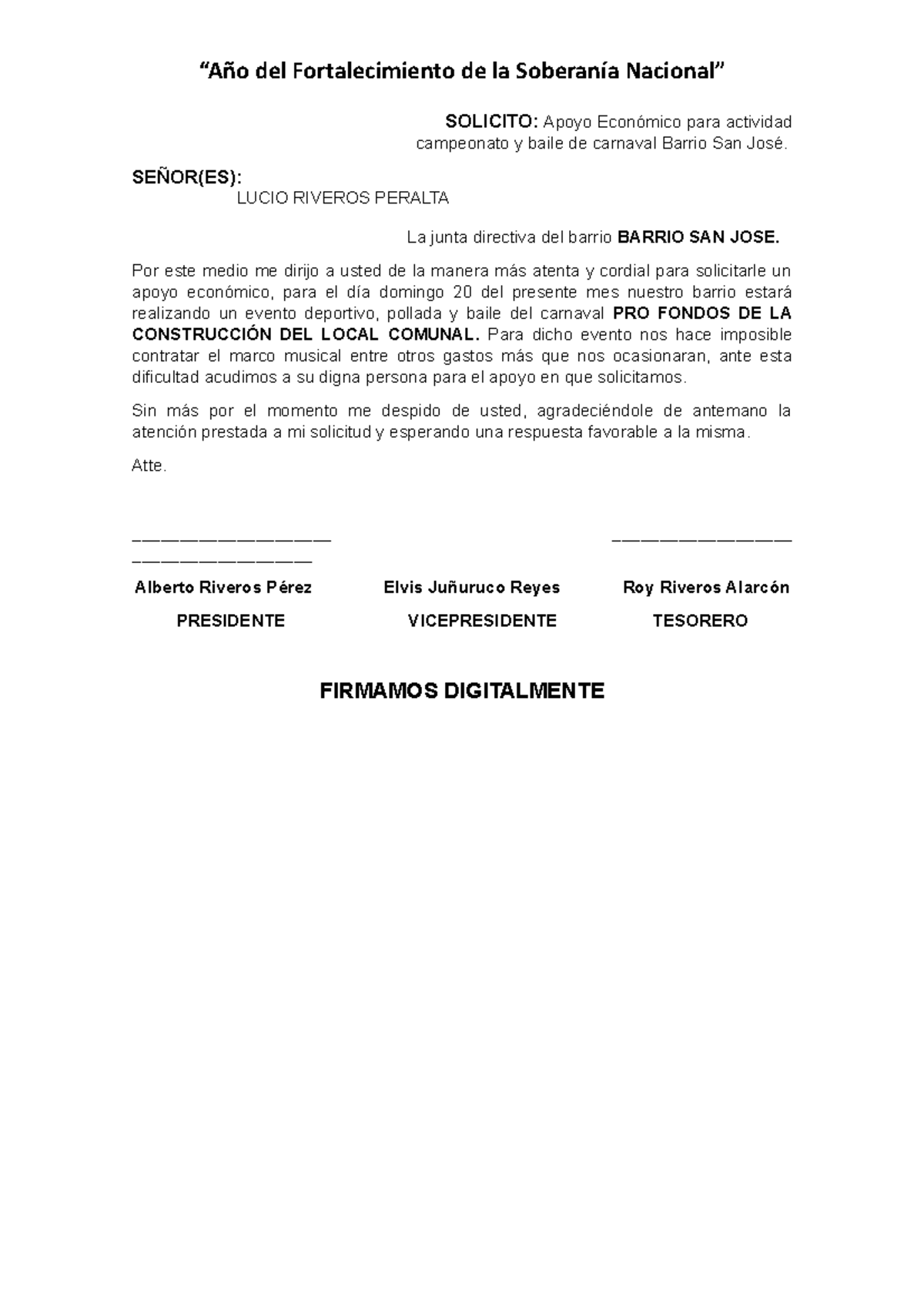 391633260 Solicito apoyo economico - “Año del Fortalecimiento de la ...