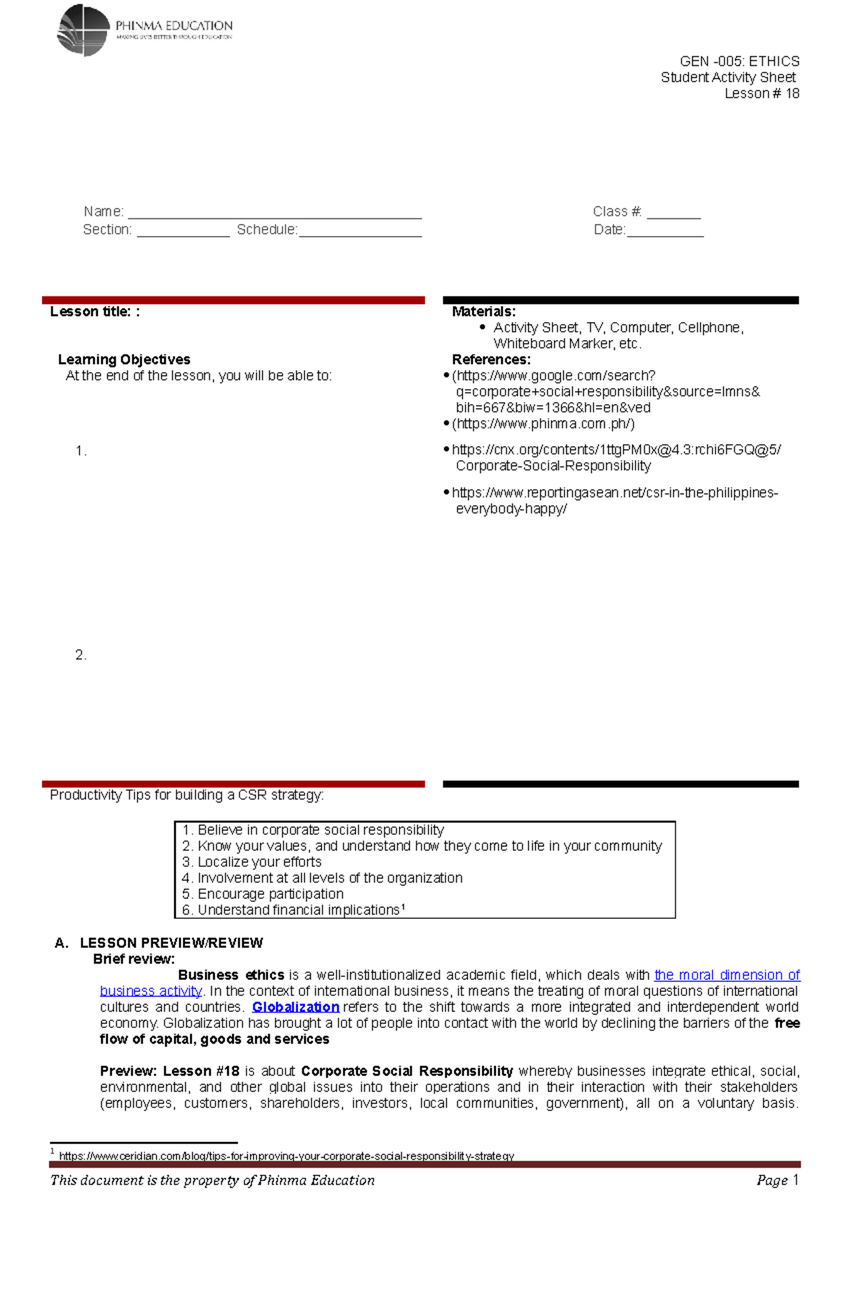 Environmental science Lecture 4 - GEN -005: ETHICS Student Activity ...