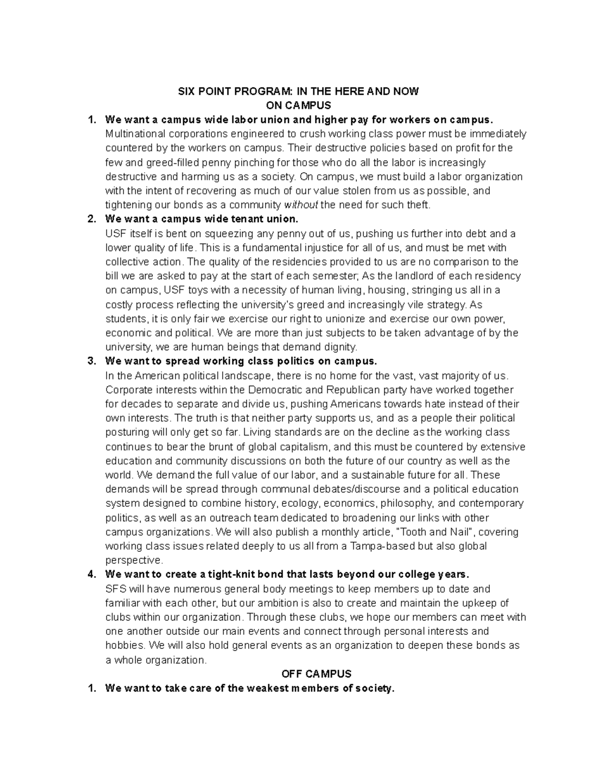 SFS Program - groupwork project - SIX POINT PROGRAM: IN THE HERE AND NOW ON CAMPUS We want a ...