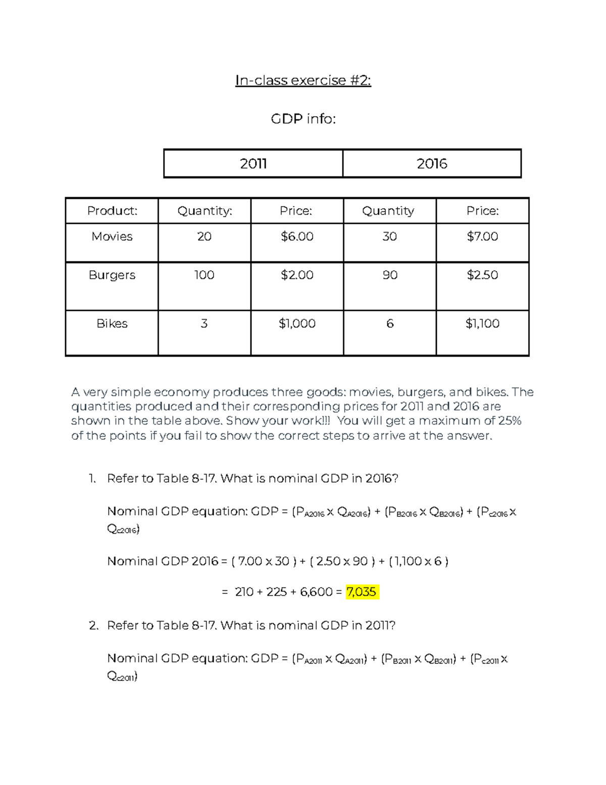 ECON 100A in-class exercise #2 - In-class exercise #2: GDP info: 2011 2016 Product: Quantity ...