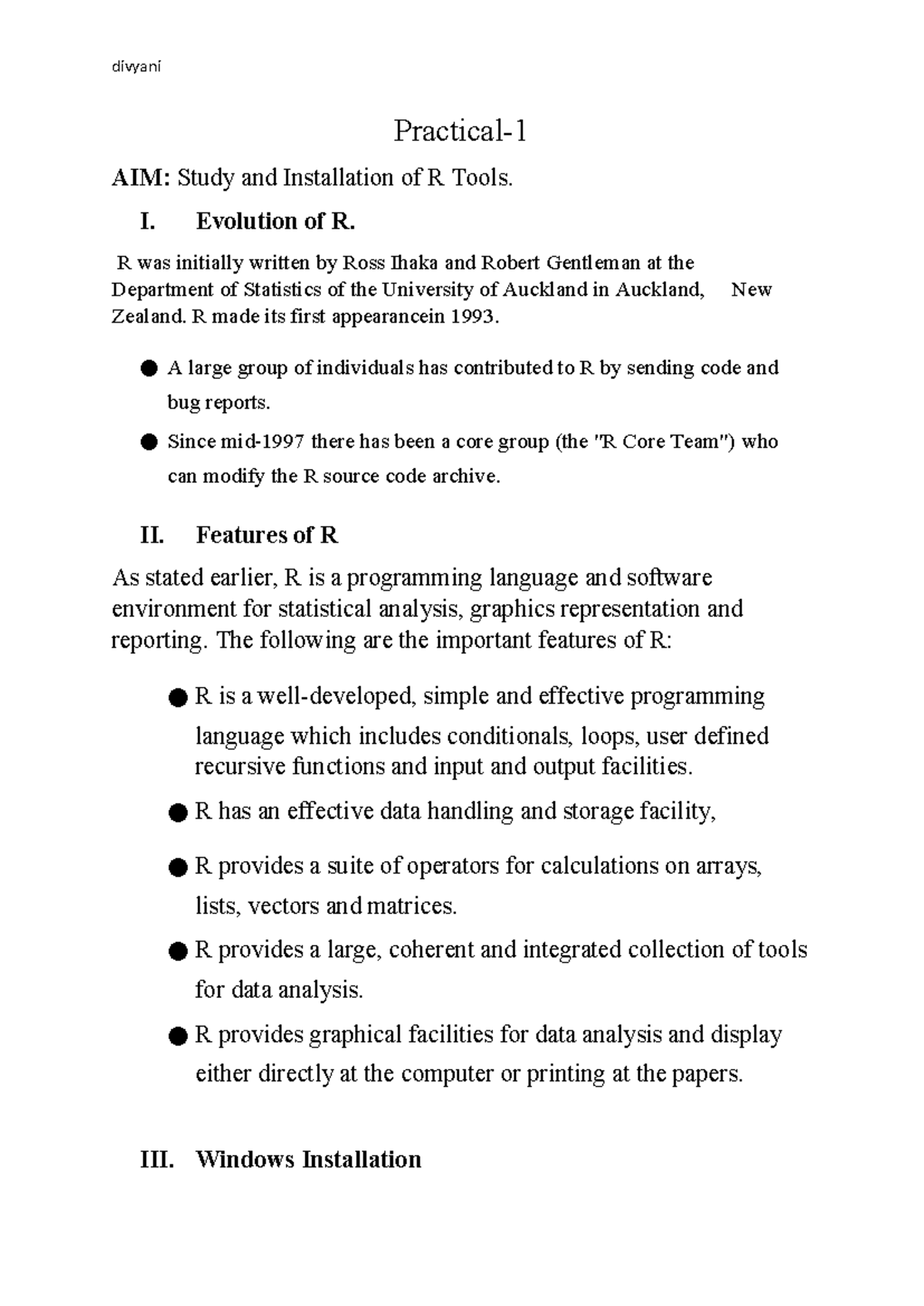 DSC Practical solution - Practical- AIM: Study and Installation of R Tools. I. Evolution of R. R ...