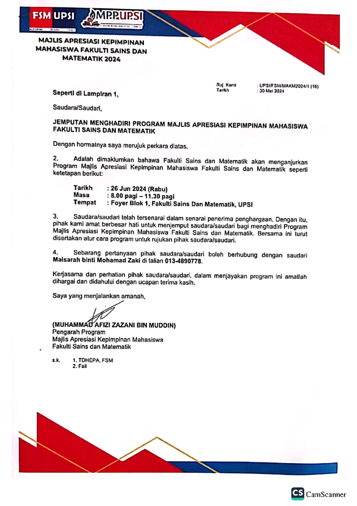 Surat Jemputan Majlis Apresiasi Kepimpinan Mahasiswa FSM 2024 (FASI BIB ...