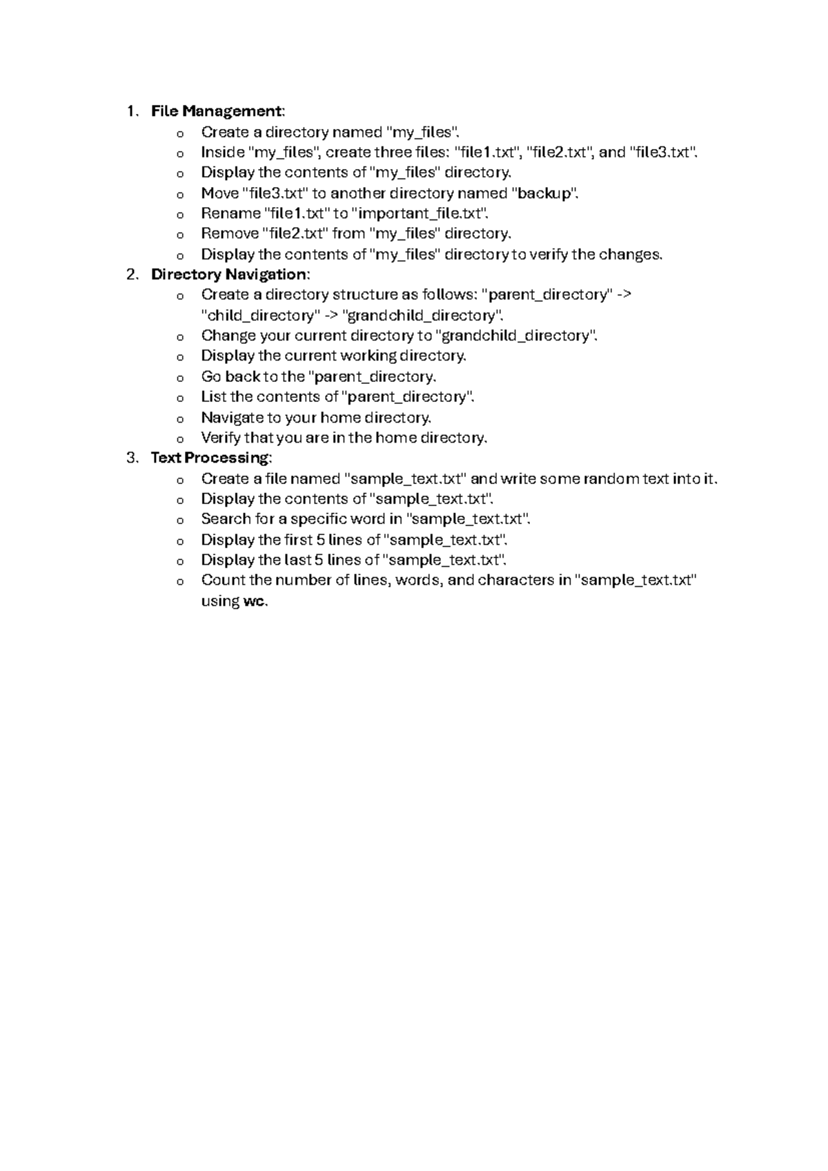 Exercises on Terminal - 1. File Management: o Create a directory named ...
