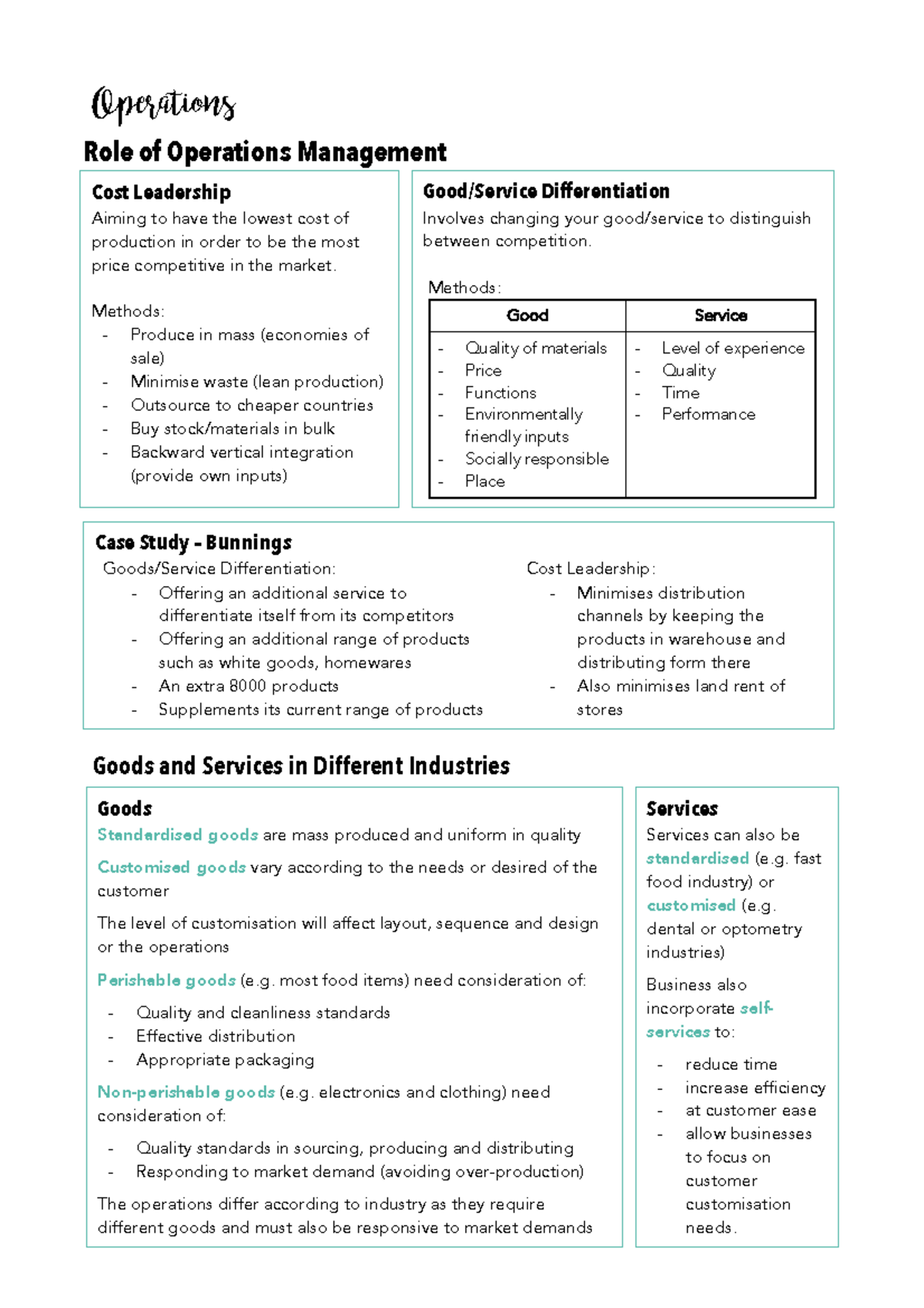 Operations Summary HSC - Operations Good/Service Differentiation ...