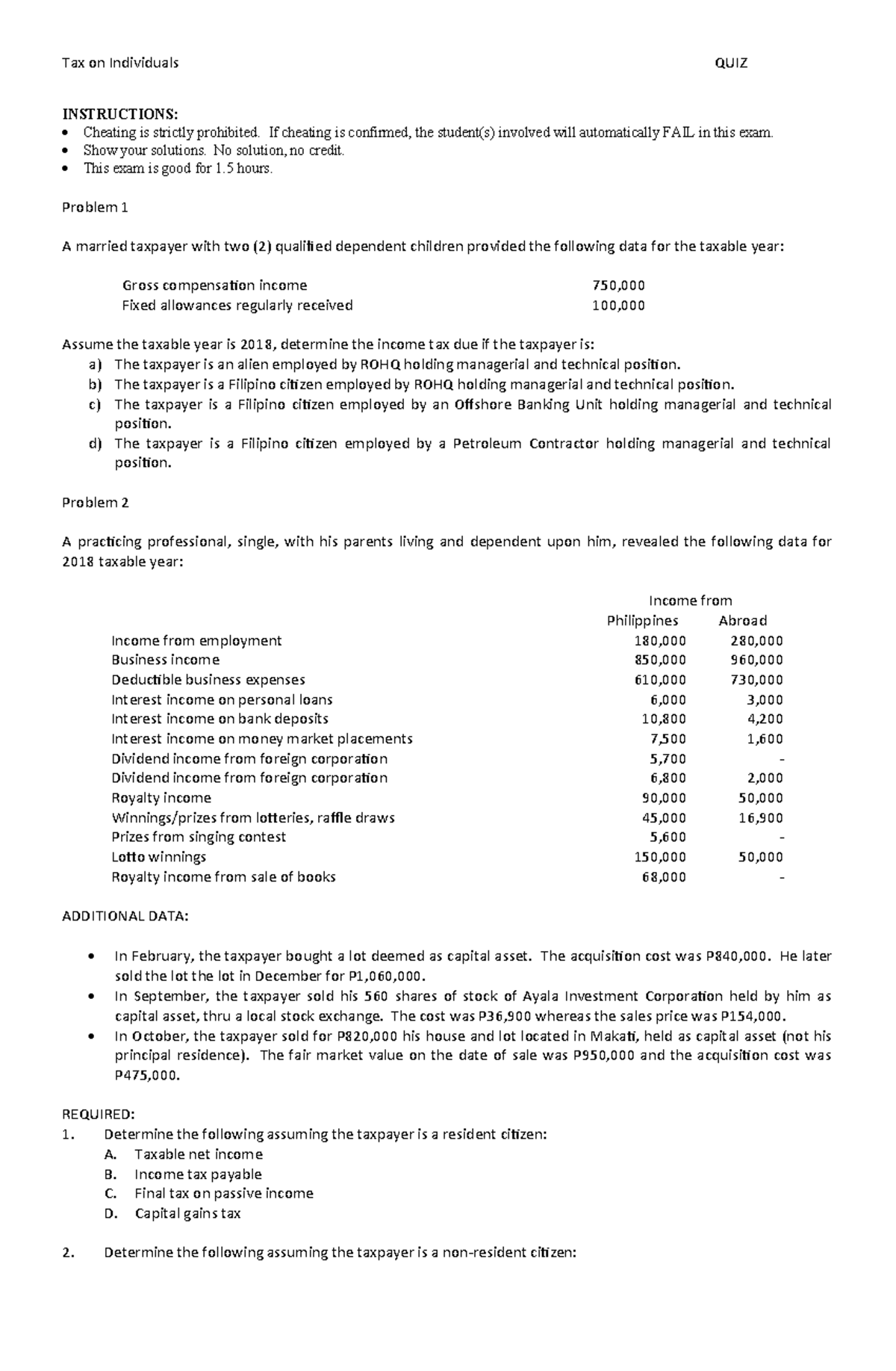 Pdfcoffee tax lecture on individuals quiz problems - Income Taxation ...