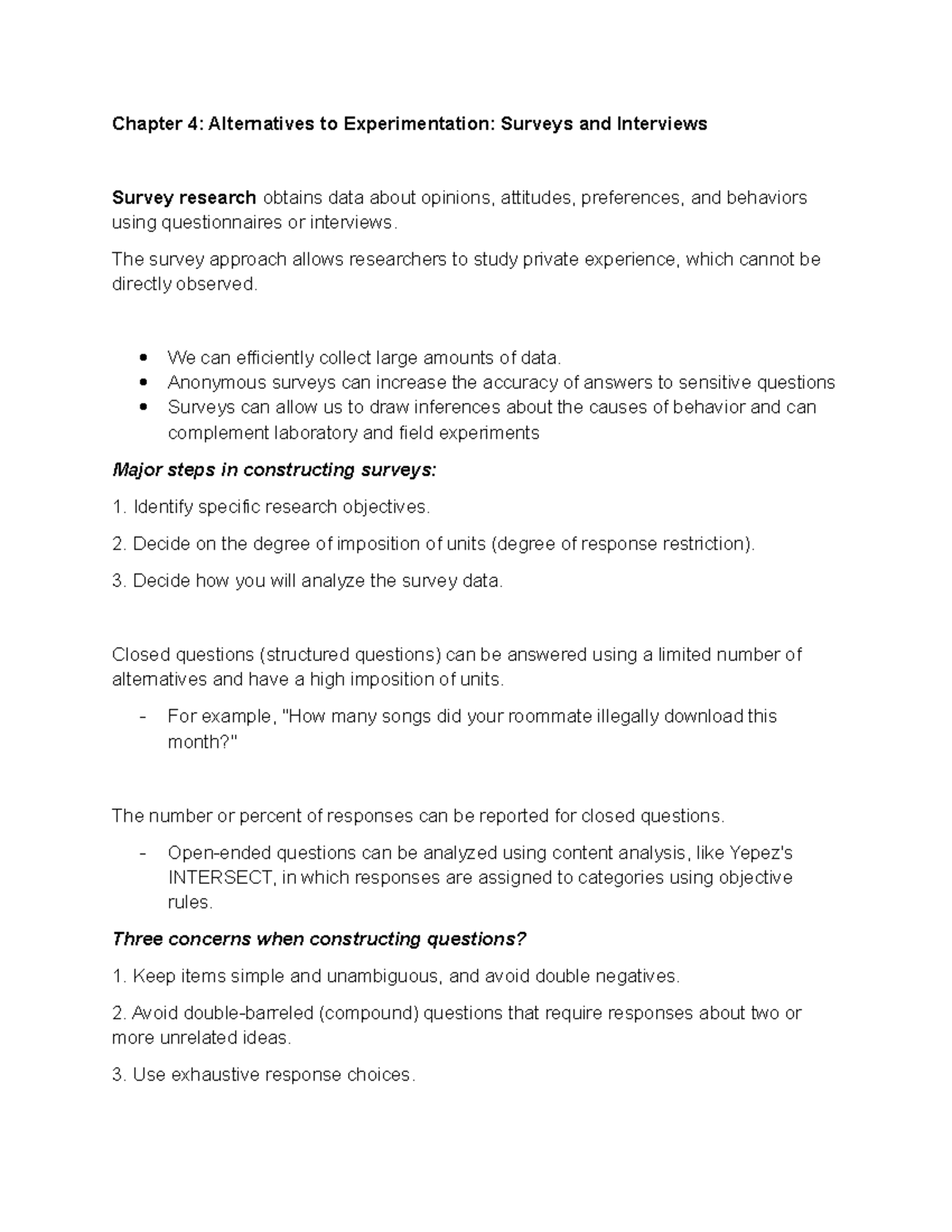 PSY119-1 Chapter 4- Alternatives to Experimentation Surveys and Interviews - Chapter 4 ...