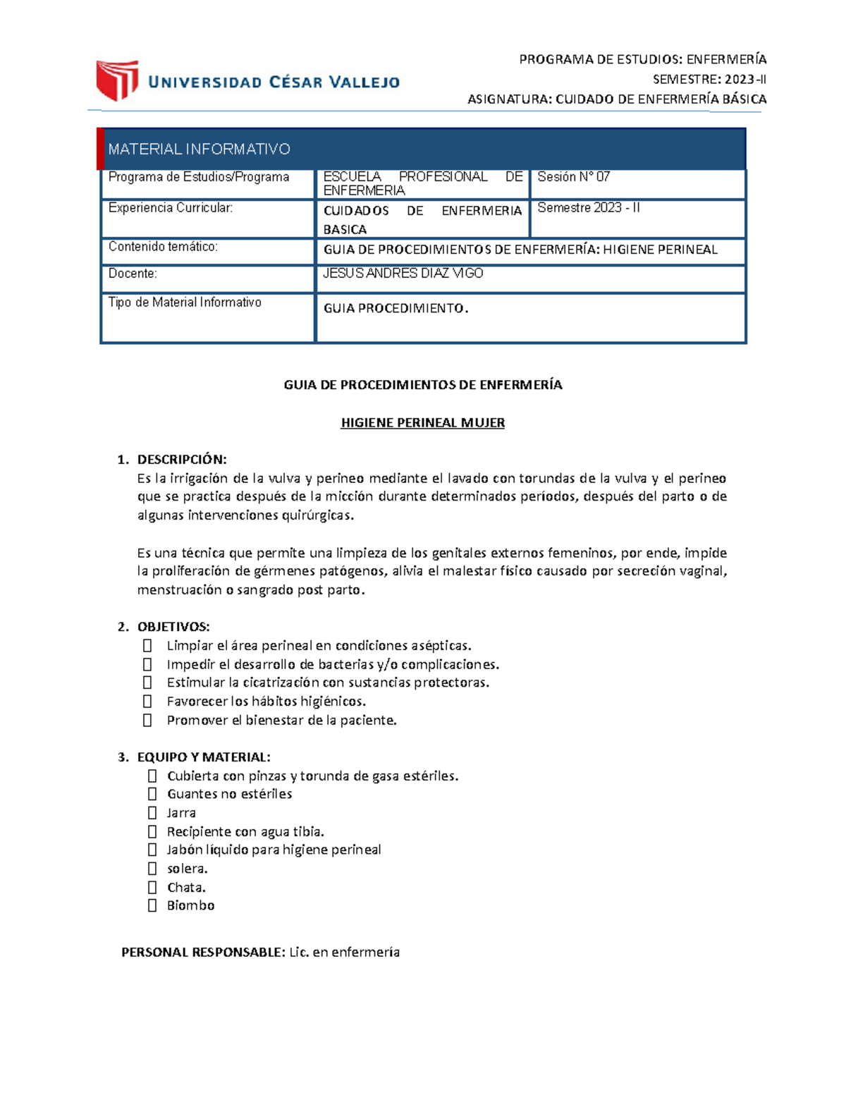 GUIA DE Cuidado- Higiene Perineal - SEMESTRE: 2023-II ASIGNATURA ...