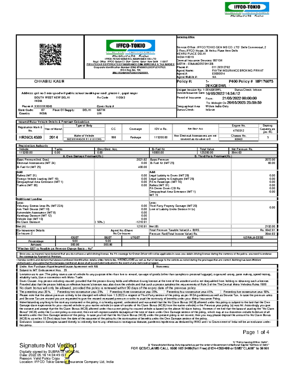 PCP MP176075 - Page 1 of 4 1) "Policy Issuing Office: Delhi", 2 ...