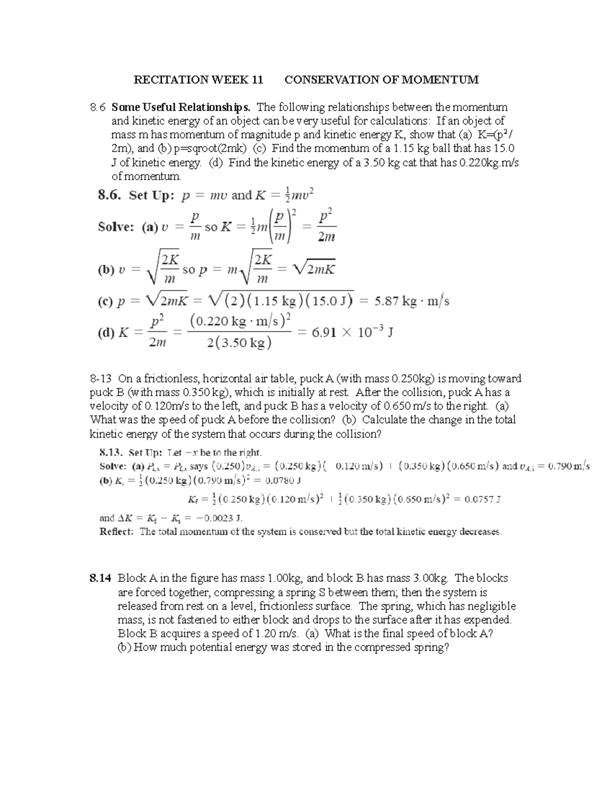 Recitation ch8 - lecture notes on conservation of momentum - RECITATION ...