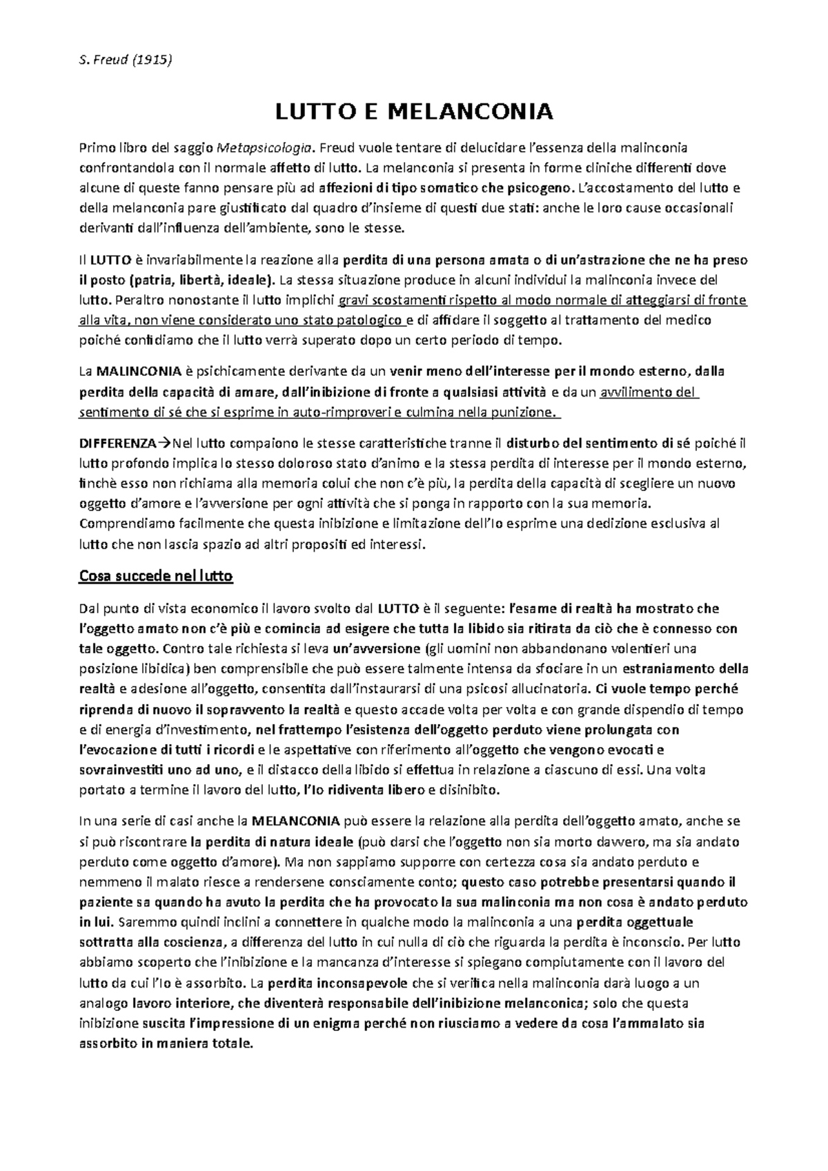 Freud- Lutto E Melanconia - LUTTO E MELANCONIA Primo libro del saggio ...