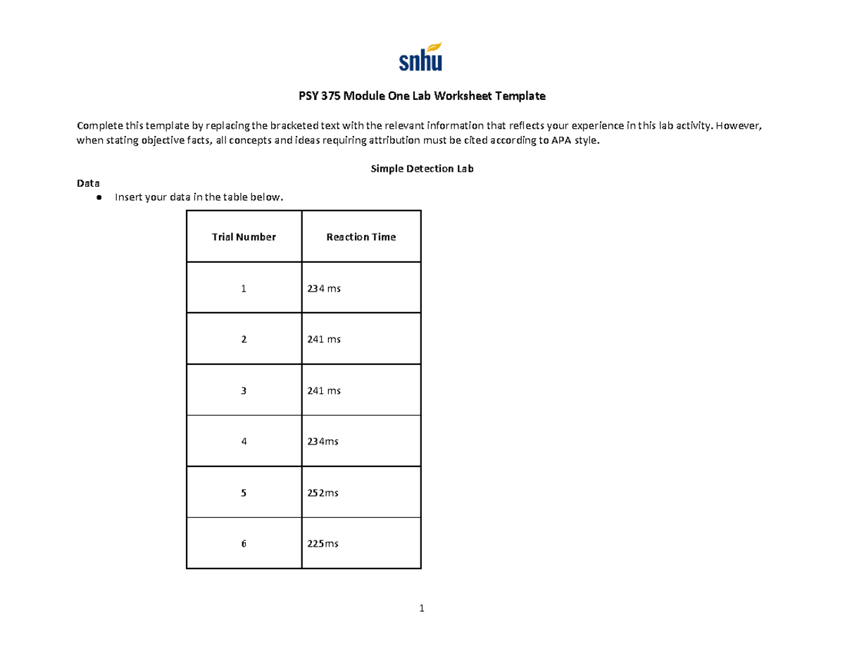 PSY 375 Module One Lab Worksheet 7 psychology 375 lab week one first 3 ...