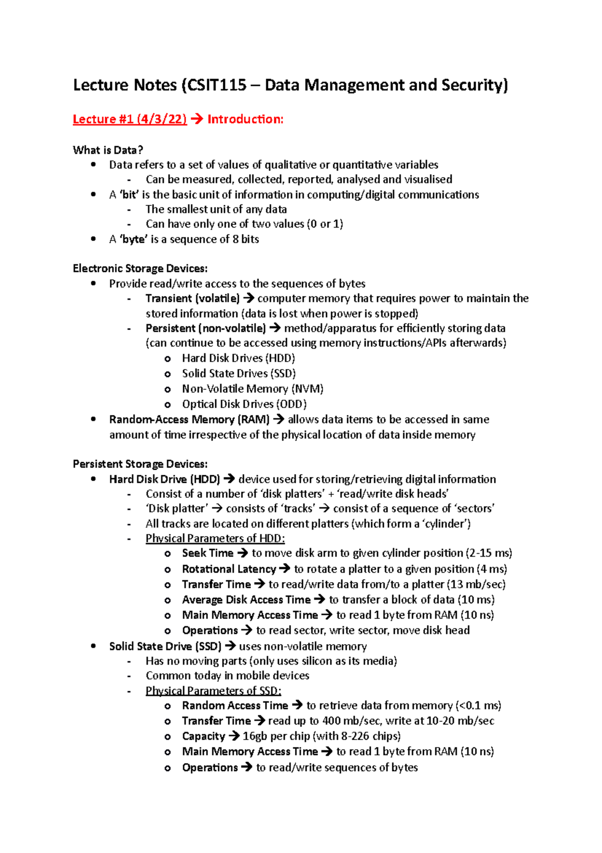 Csit115 Data Management And Security Summarised Lecture Notes Lecture Notes Csit115 Data