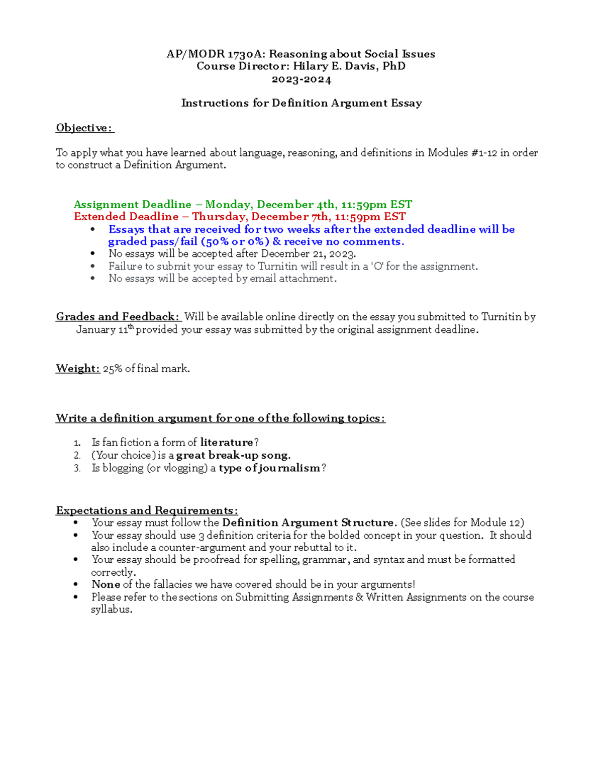 Definition Argument Assignment Instructions MODR 1730A Online 2023-2024 ...