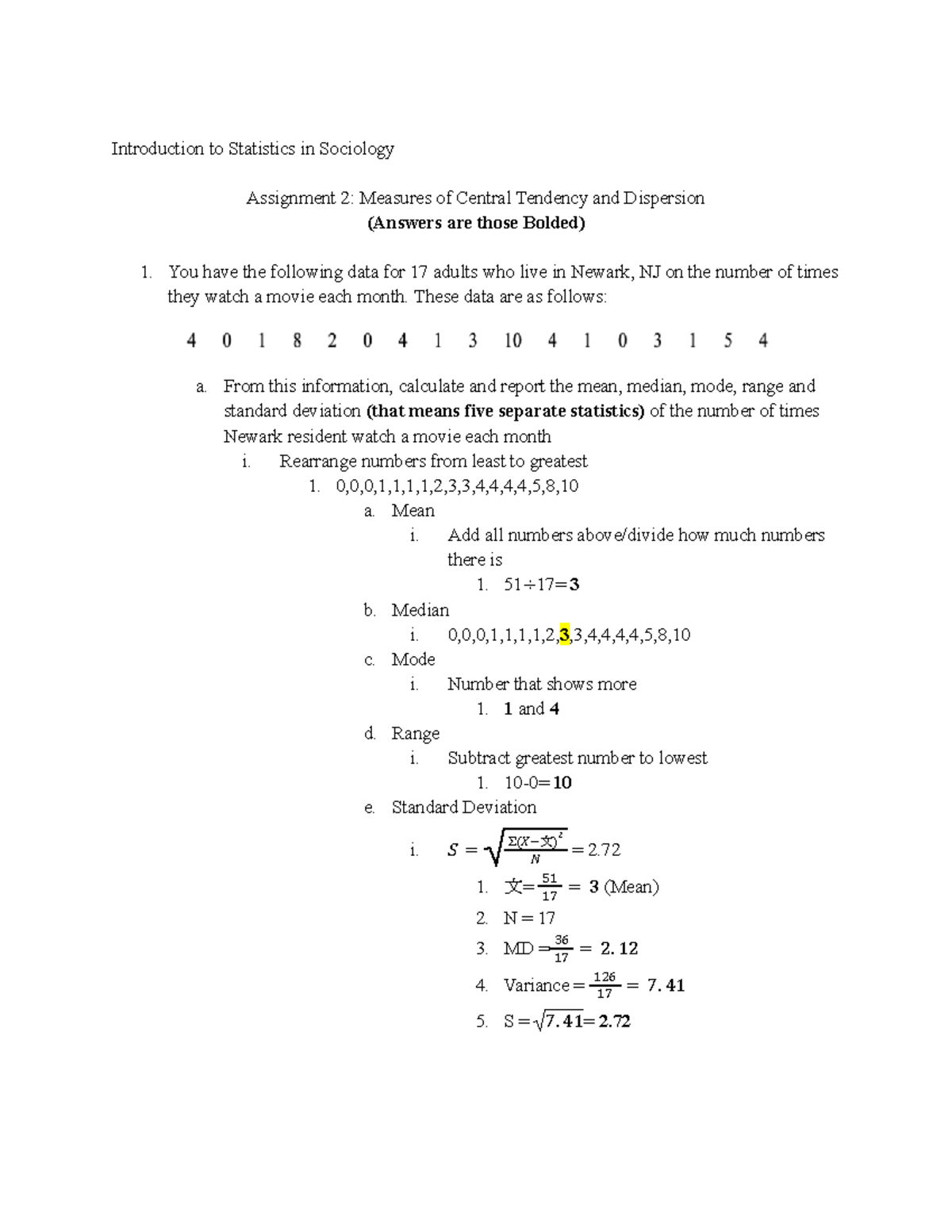 Assignment 2 Measures of Central Tendency and Dispersion - Introduction ...