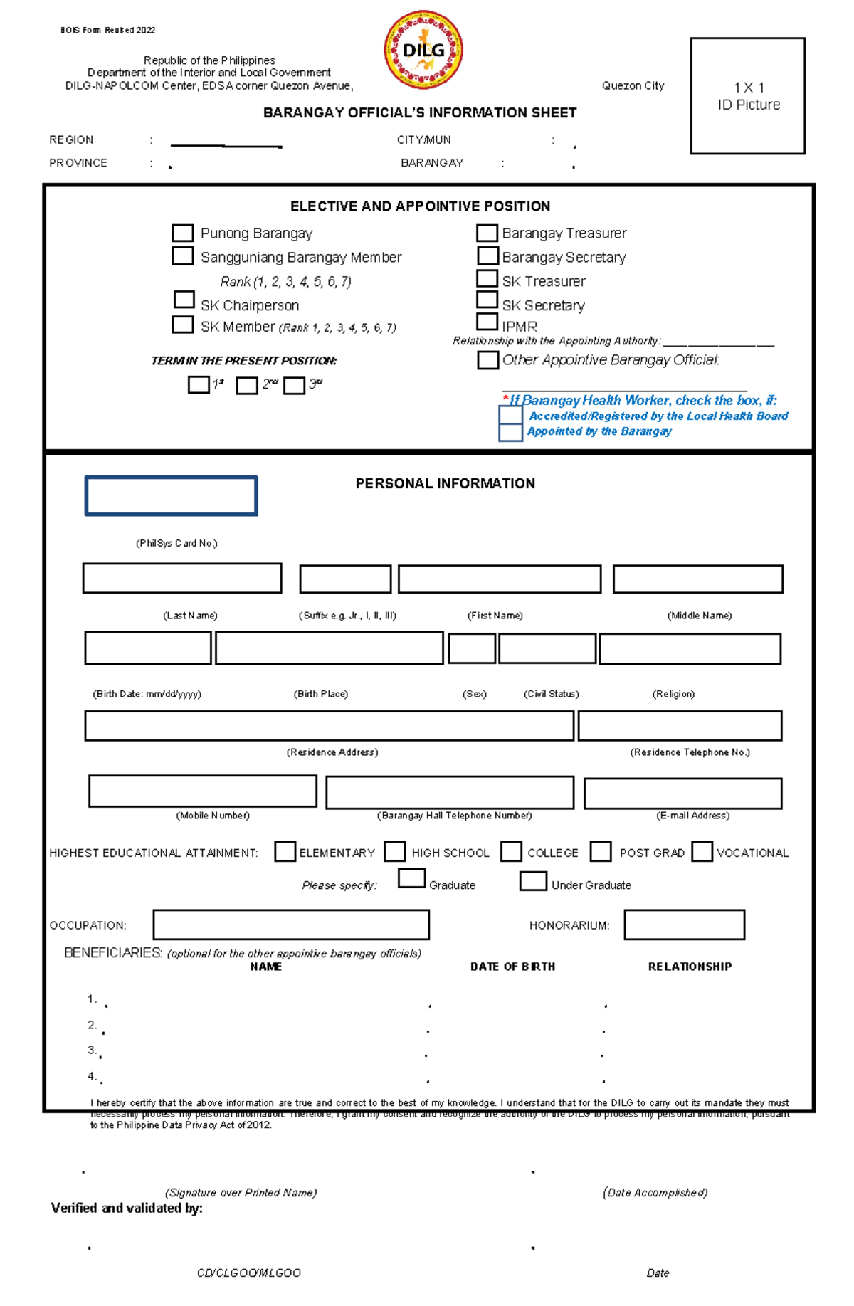 BOIS 2022 - Barangay Official Information Sheet - Republic of the ...