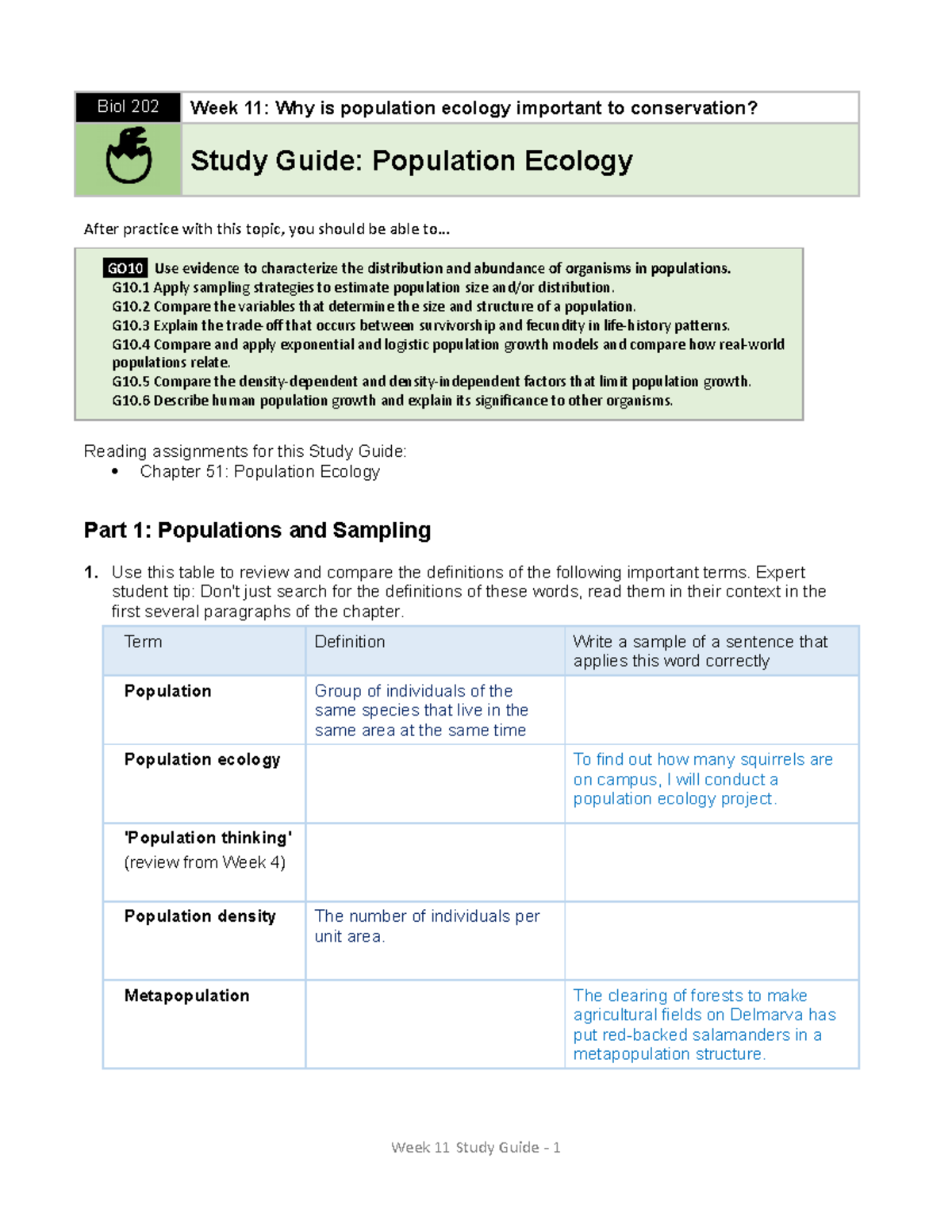 202 Week 11 SG Population Ecology - Biol 202 Week 11: Why is population ...