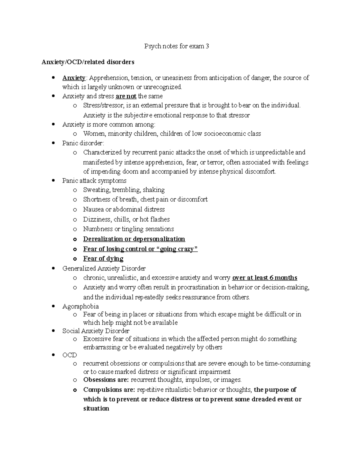 Psych notes after exam 2 - Psych notes for exam 3 Anxiety/OCD/related ...