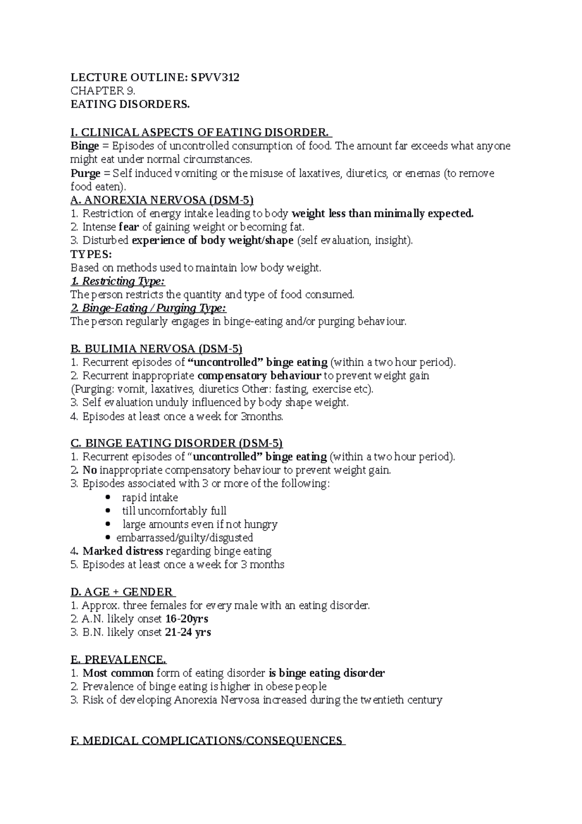 Lecture 6 Outline - LECTURE OUTLINE: SPVV CHAPTER 9. EATING DISORDERS. I. CLINICAL ASPECTS OF ...