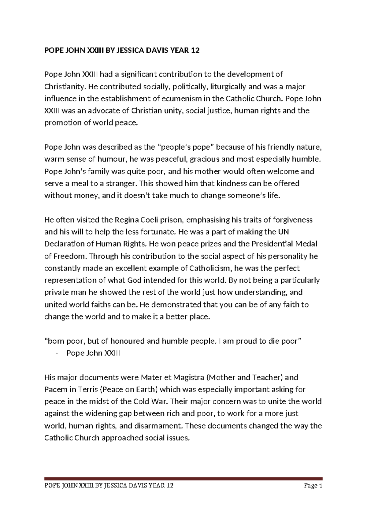 Studies of Religion Resources - Assessment Task - POPE JOHN Xxiii ...